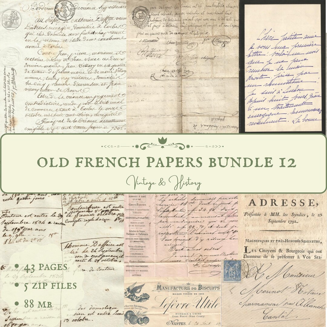43 Page Bundle {12} Old Handwritten French Papers, Printable Paper ...