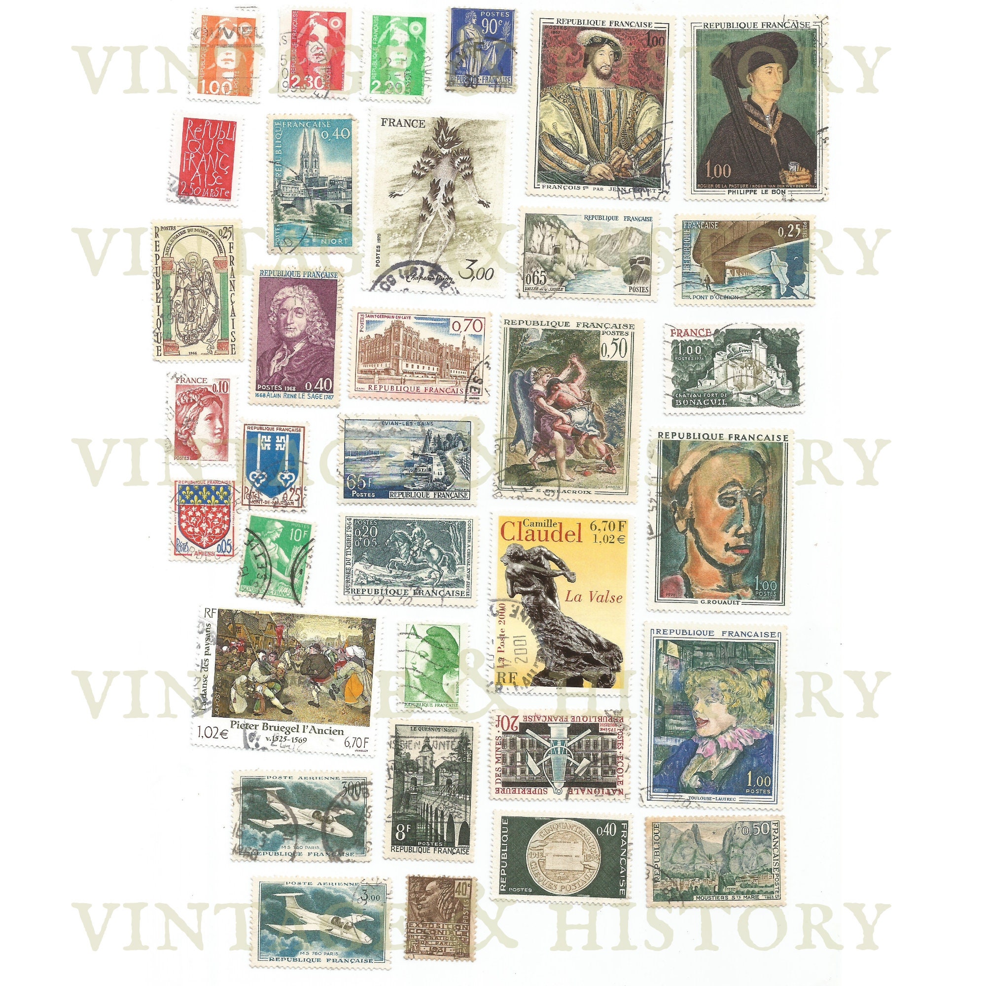 Large Collection of Vintage French Stamps, Ephemera, Collage, Journal ...