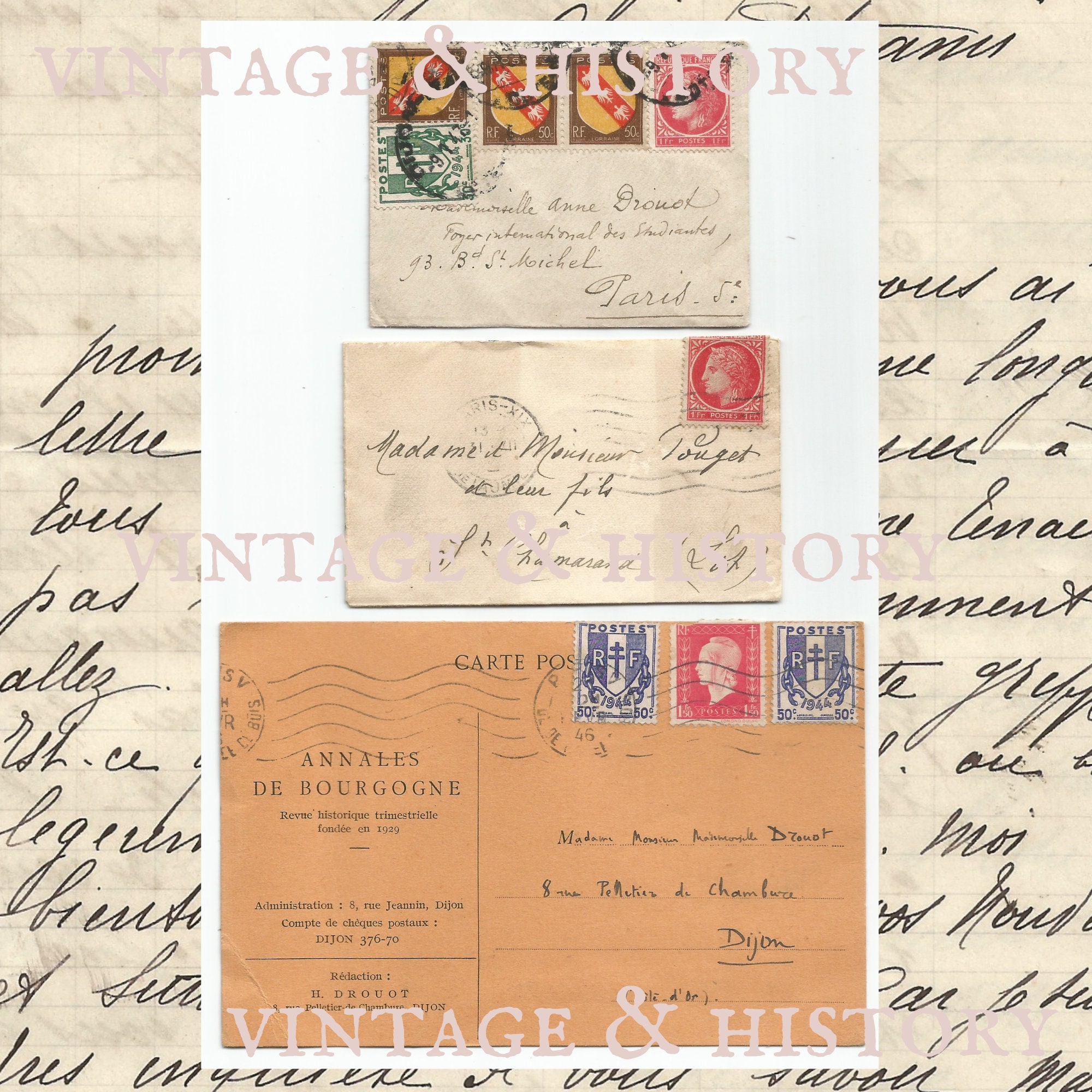 French Vintage Envelopes, Cards and Letters, 31 Pieces, 1930s to 1940s ...