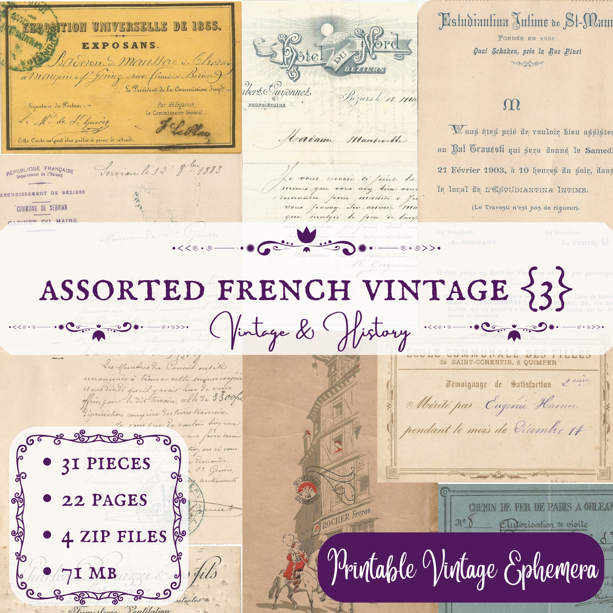 Assorted French Vintage Ephemera bundle 3, 31 Pieces, Printable ...