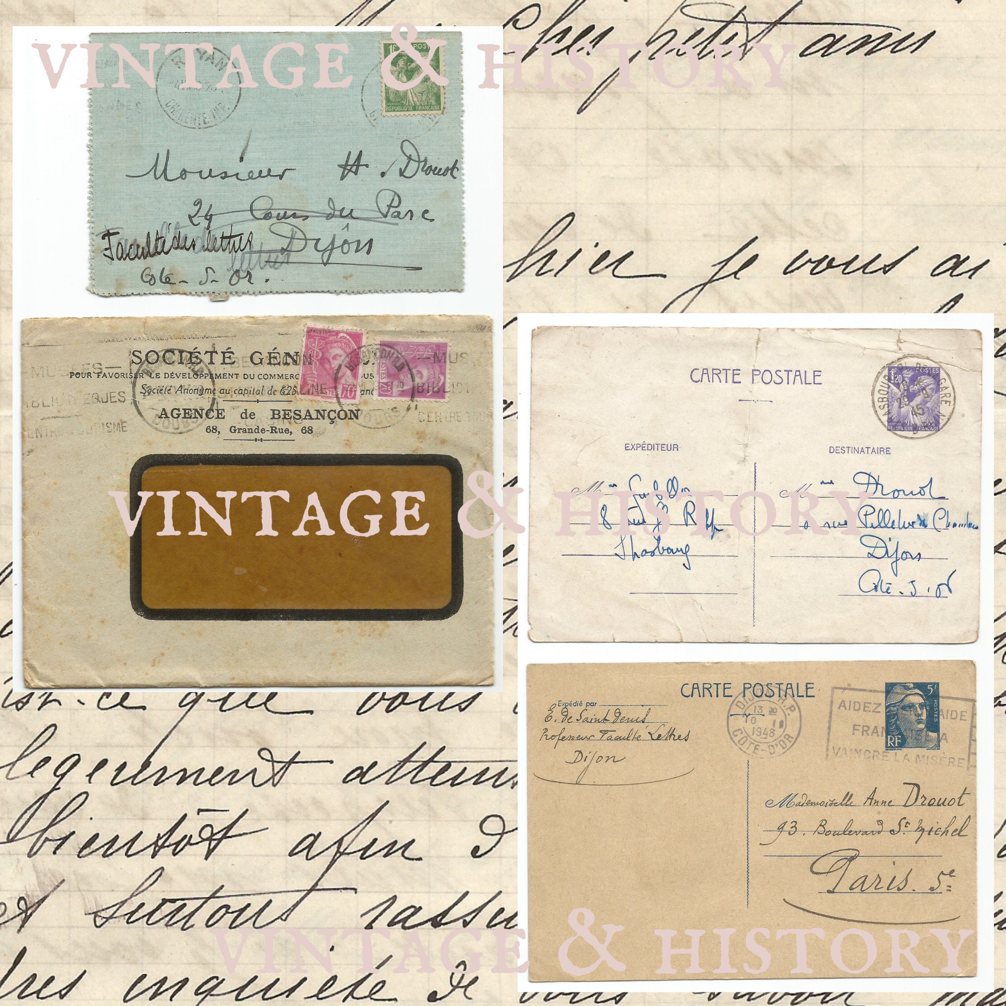 French Vintage Envelopes, Cards and Letters, 31 Pieces, 1930s to 1940s ...