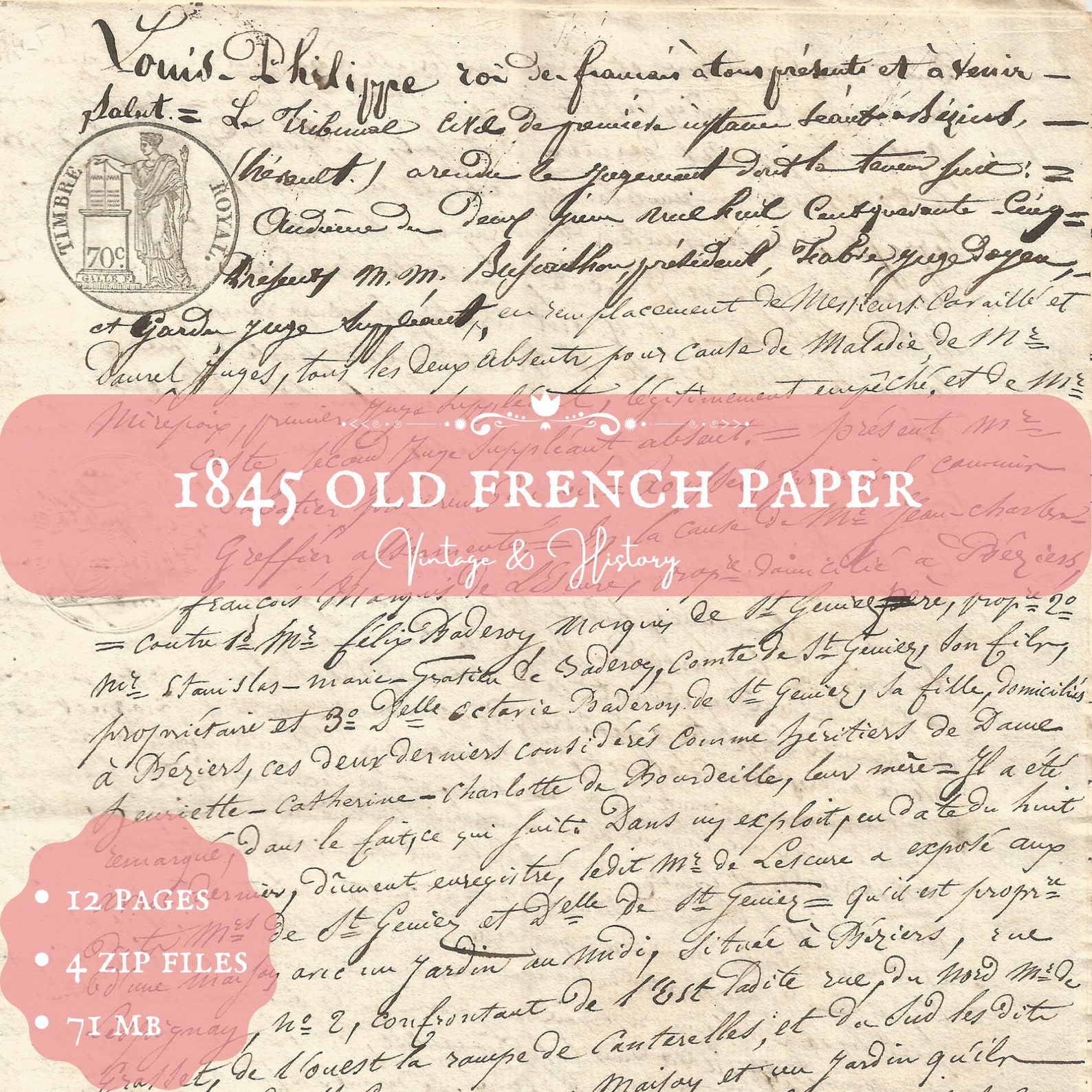 1845 Antique Handwritten French Document, Calligraphy, Printable ...