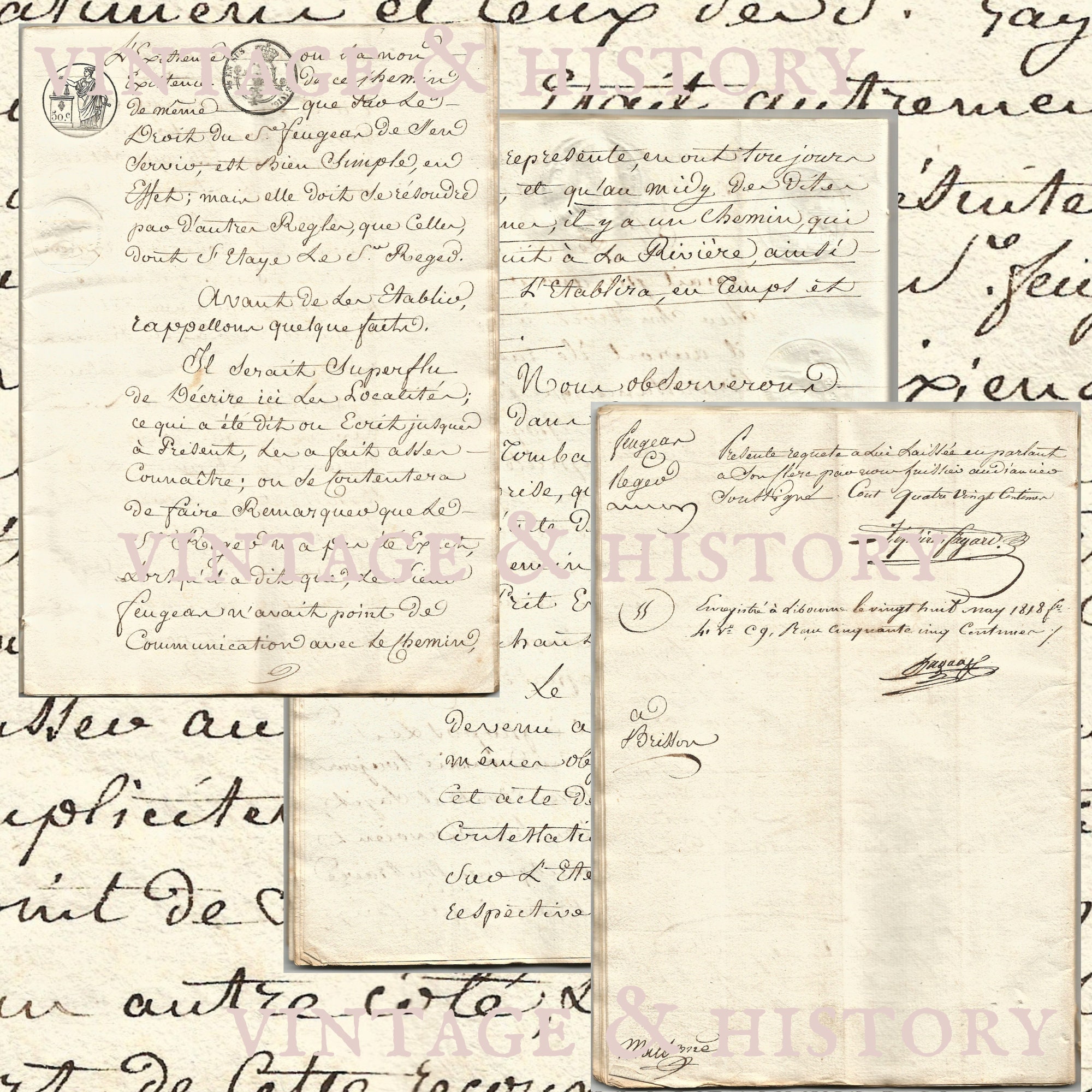 1818 3 Antique Handwritten French Document, Calligraphy, Printable ...