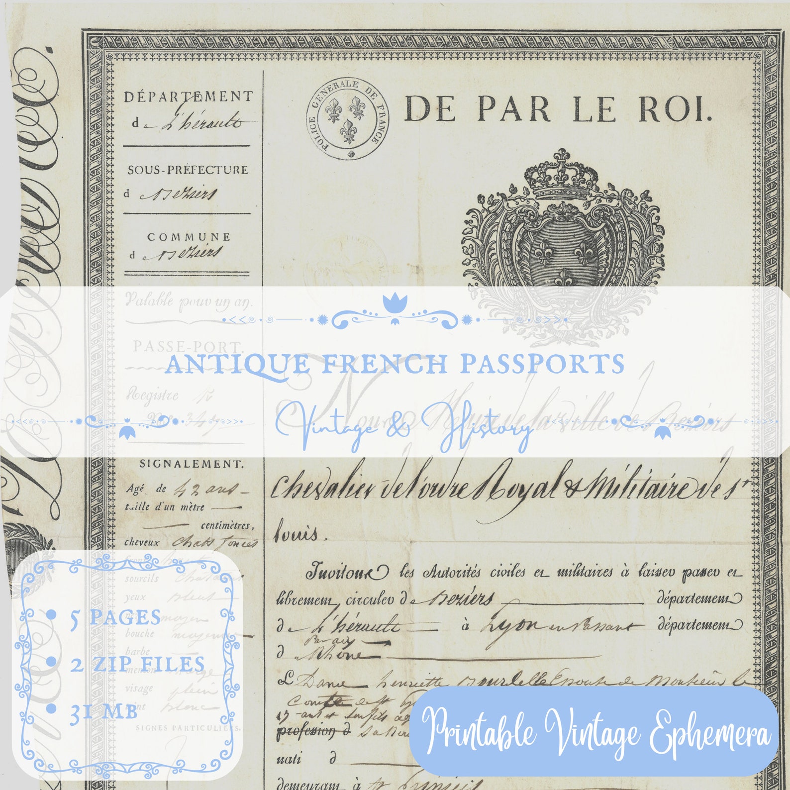 3 Antique French Passports, Handwritten, Calligraphy, Printable ...