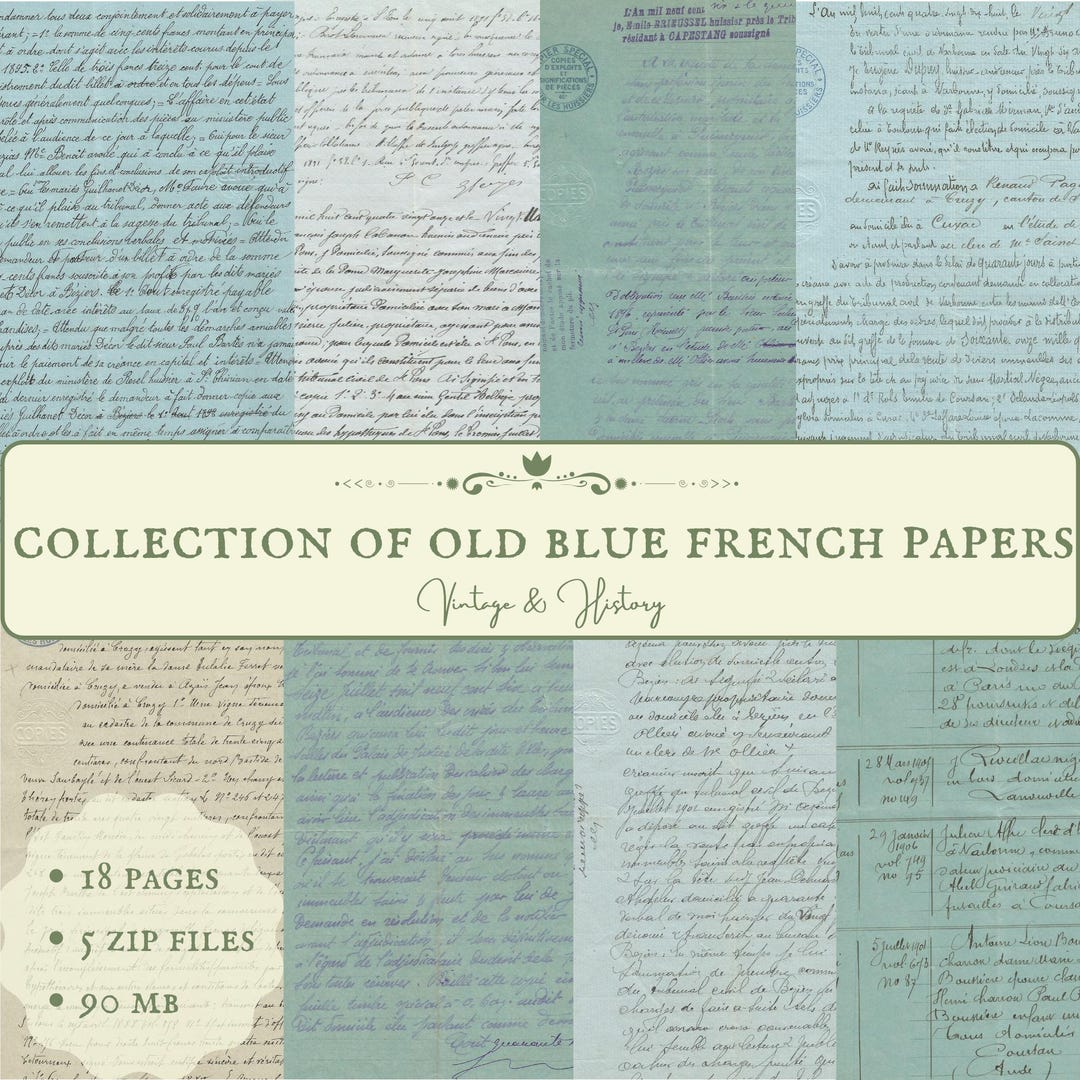 Collection of 18 Antique Handwritten French Documents in Shades of Blue ...