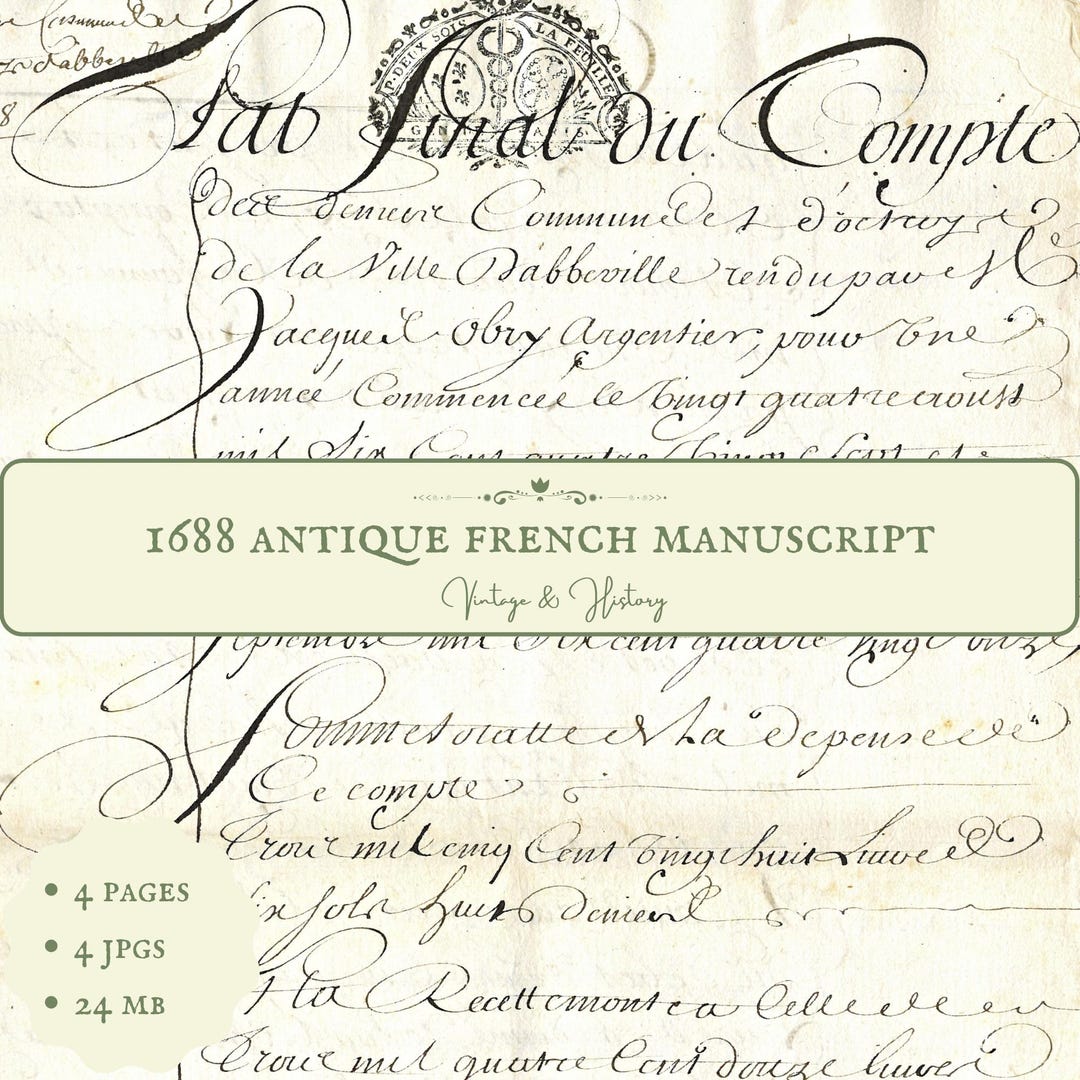 1688 Antique Handwritten French Document With Beautiful Calligraphy ...