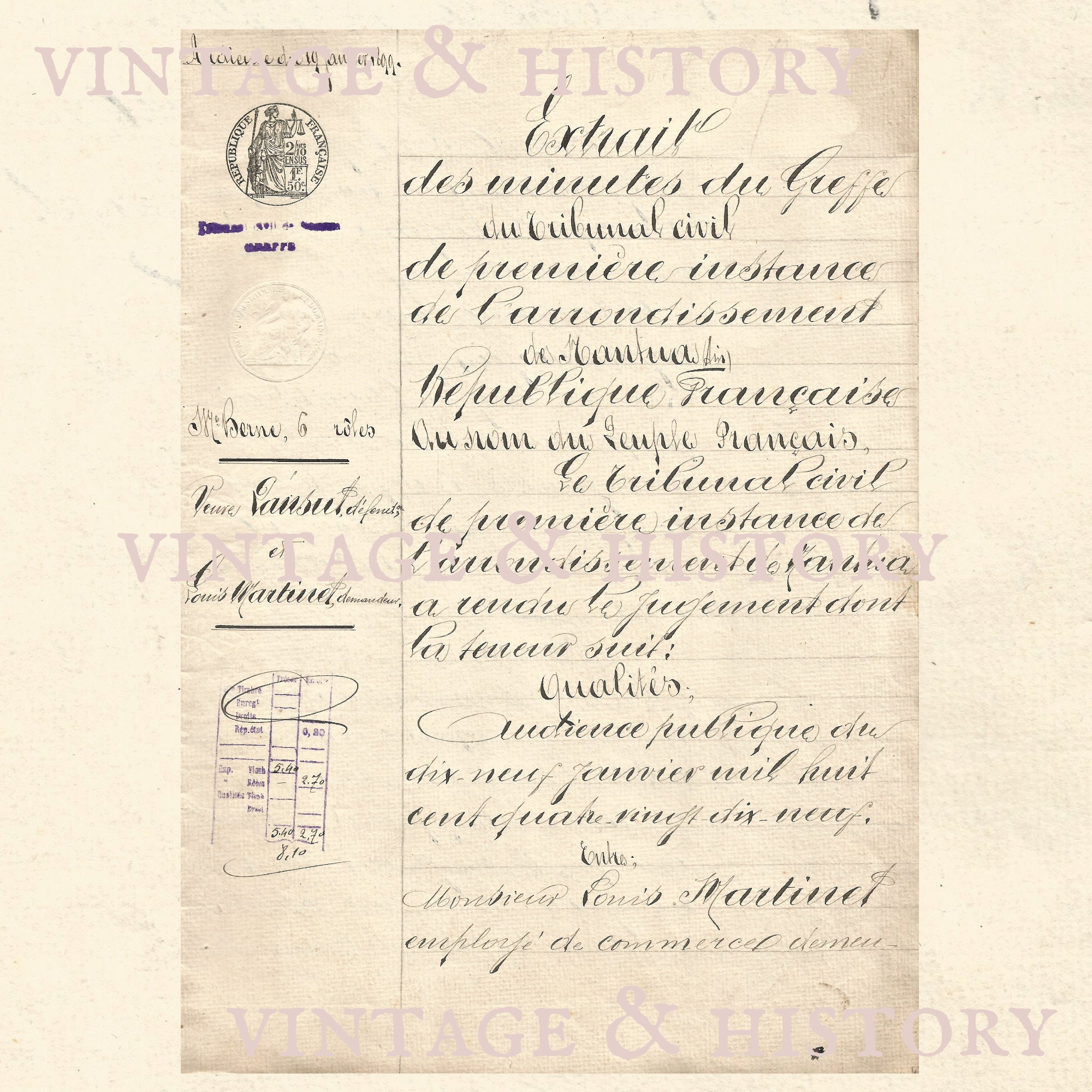 1899 Antique Handwritten French Document, Calligraphy, Printable ...