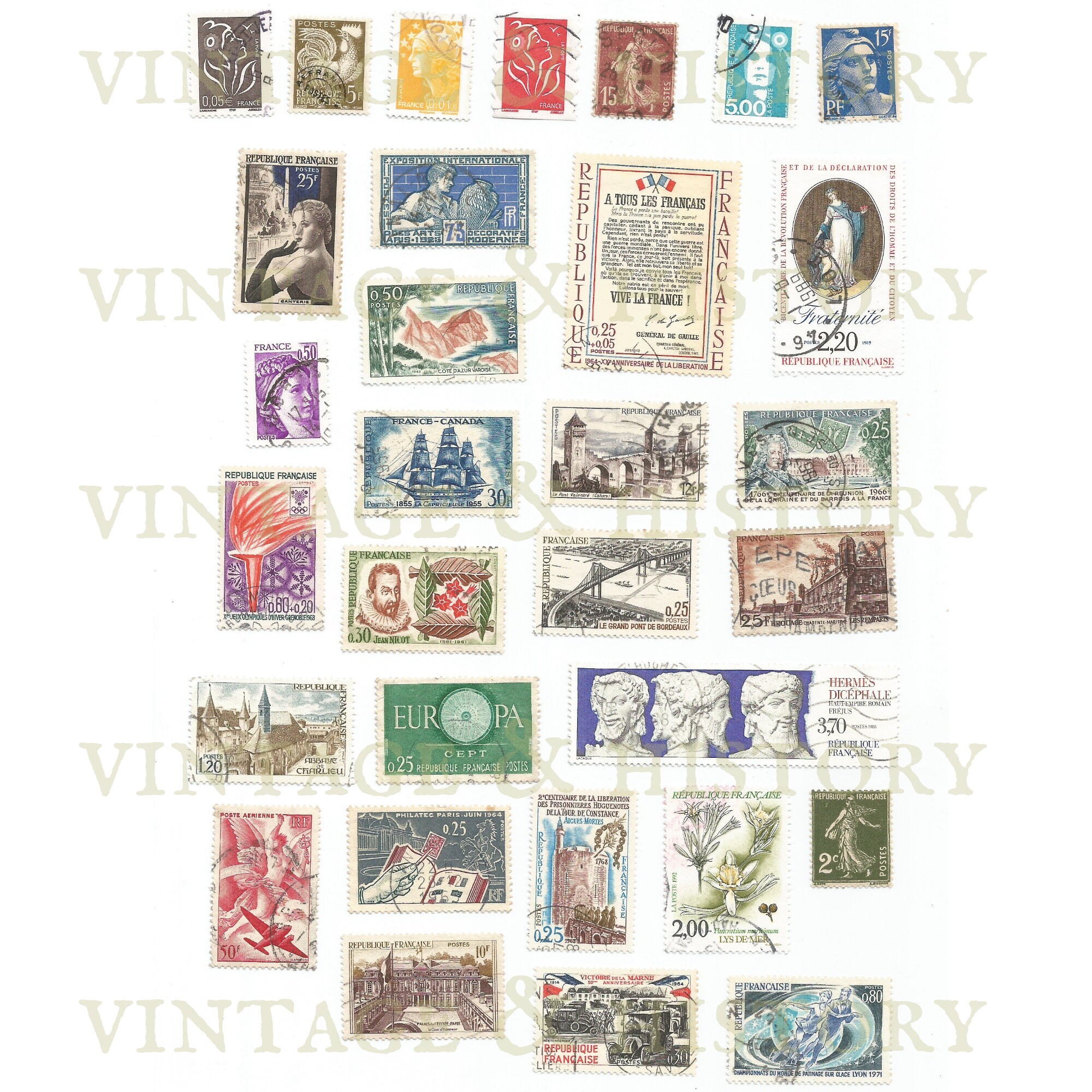 Large Collection of Vintage French Stamps, Ephemera, Collage, Journal, Craft, Scrapbook, INSTANT ...