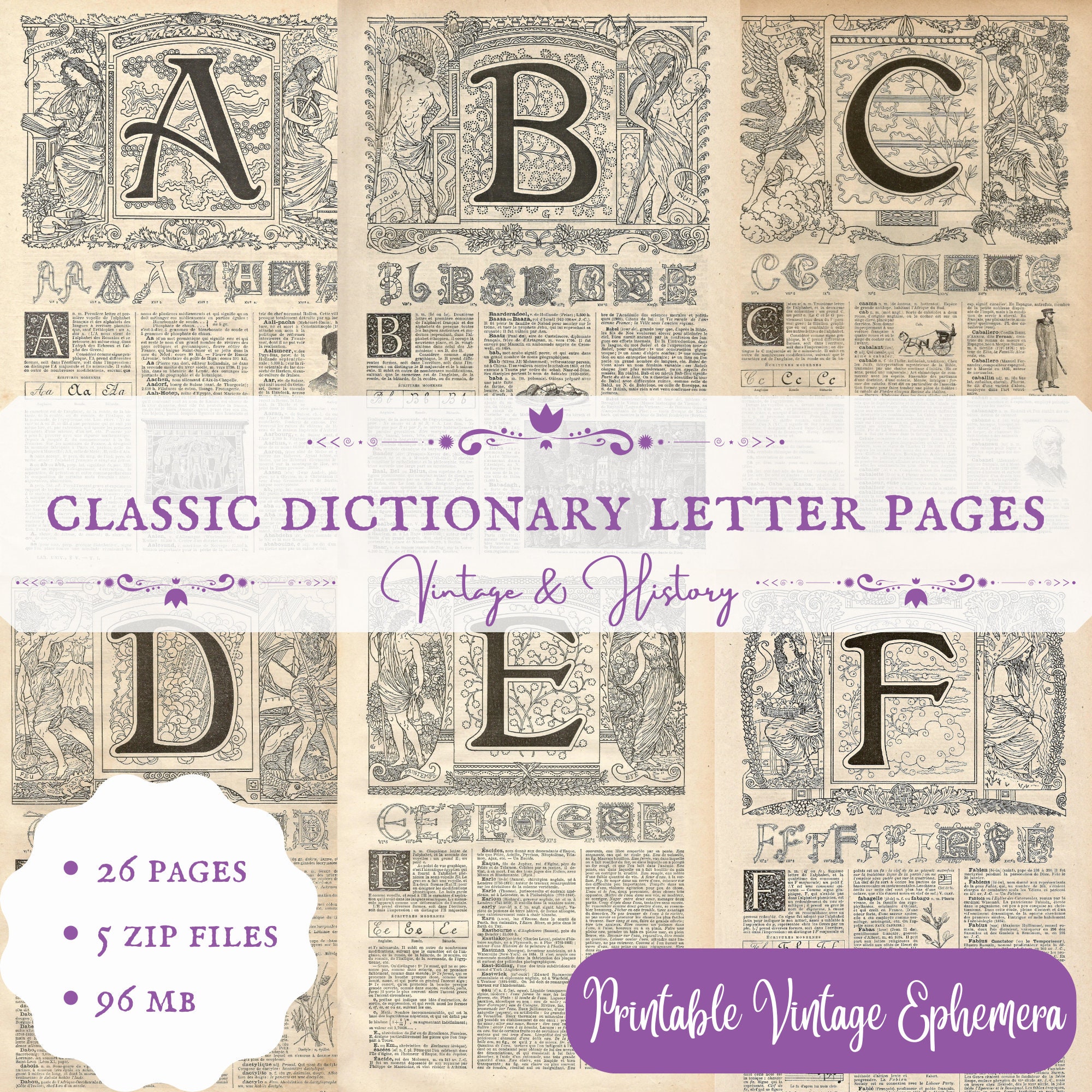 Letter Pages, Classic Style, 1920s French Dictionary, Alphabet, Digital ...