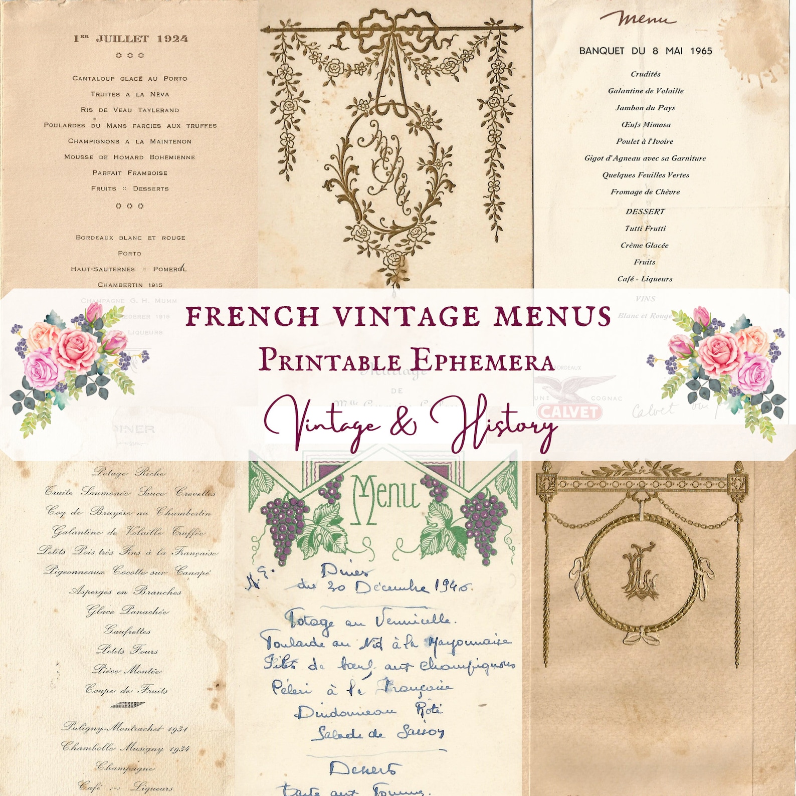French Vintage Menus, Printable, Vintage, Ephemera, Digital, Journals ...
