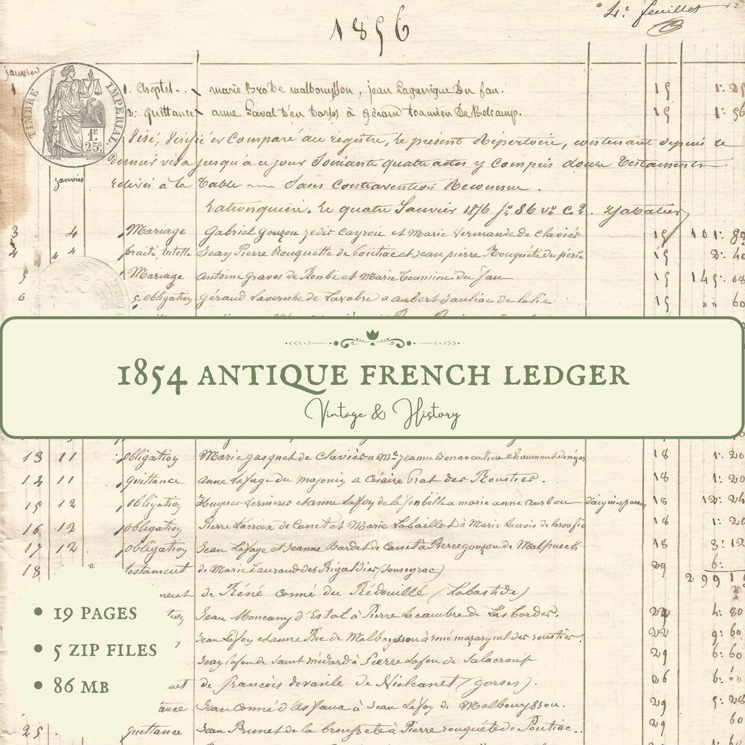 1854 French Register or Ledger Document, 19 Pages, Handwritten ...