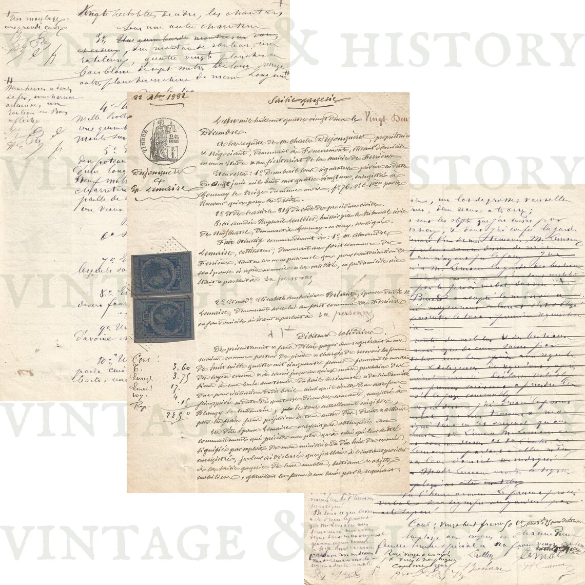 Collection {1} of Antique French Documents With Stamps or Timbres ...