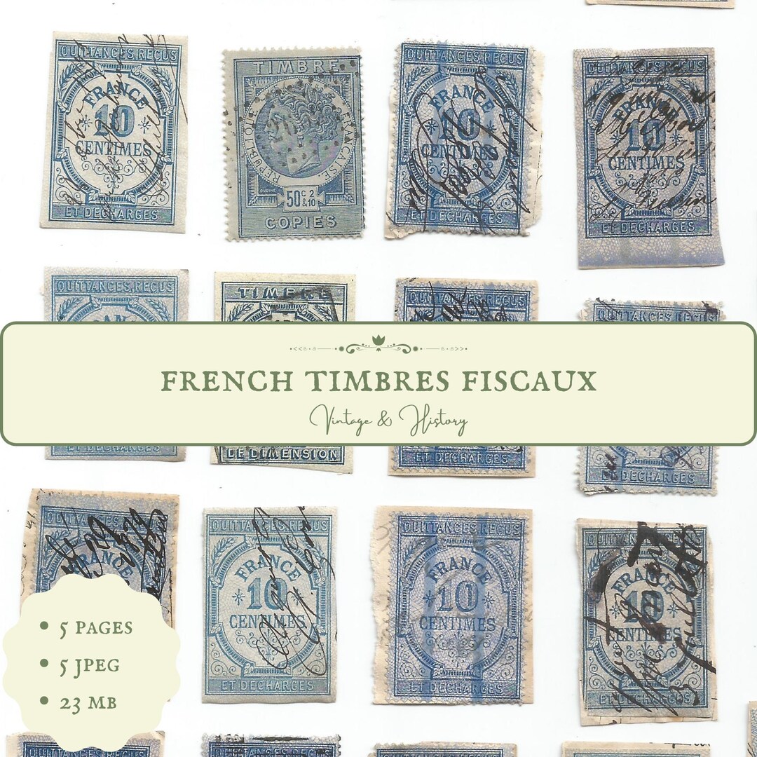 Antique French Fiscal Stamps in Blue and Beige, Timbres Fiscaux ...