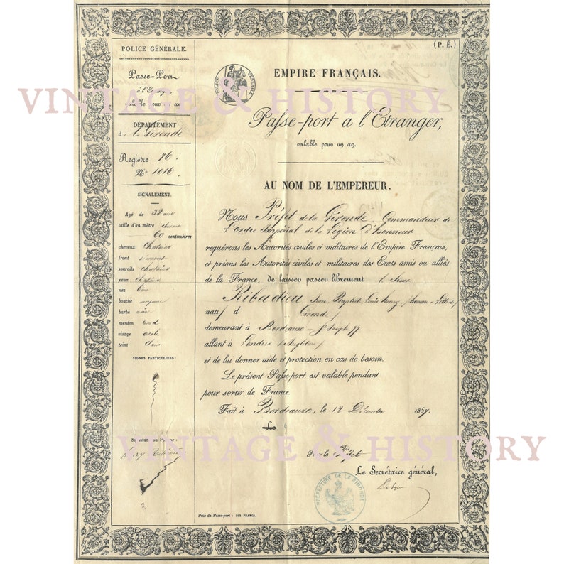 3 Antique French Passports, Handwritten, Calligraphy, Printable ...