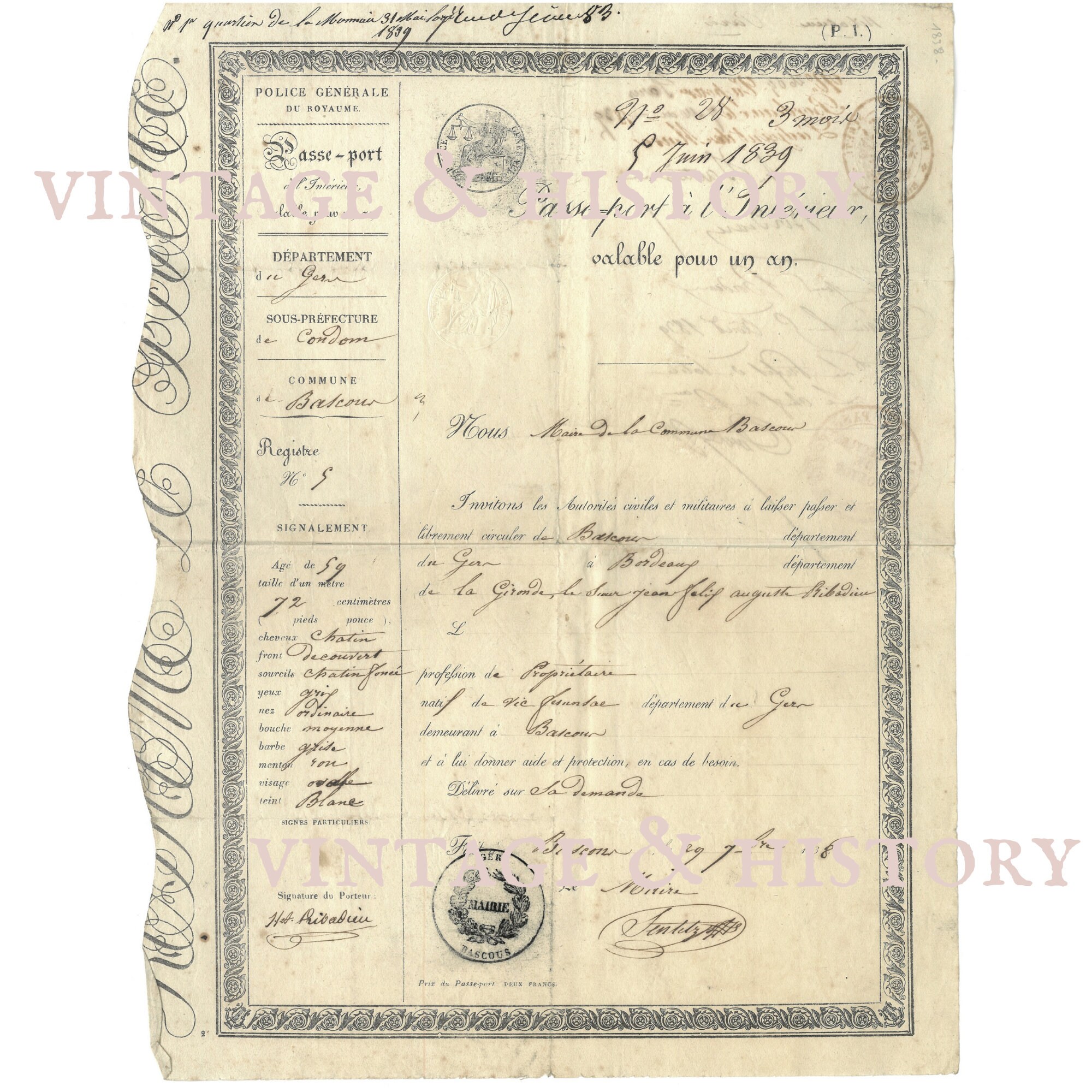 3 Antique French Passports, Handwritten, Calligraphy, Printable ...