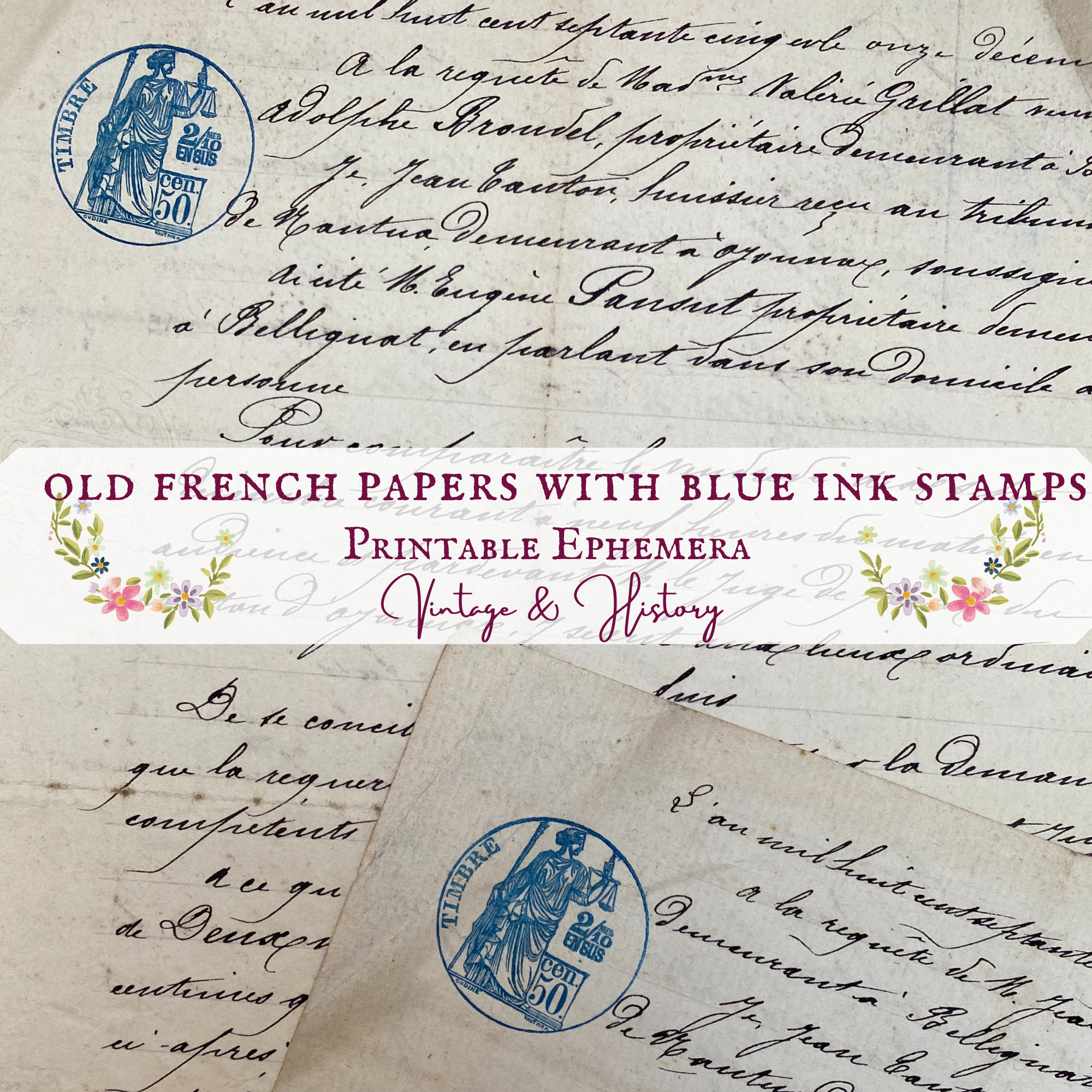 1800s French Papers With Blue Ink Stamps, Printable Ephemera, Junk ...