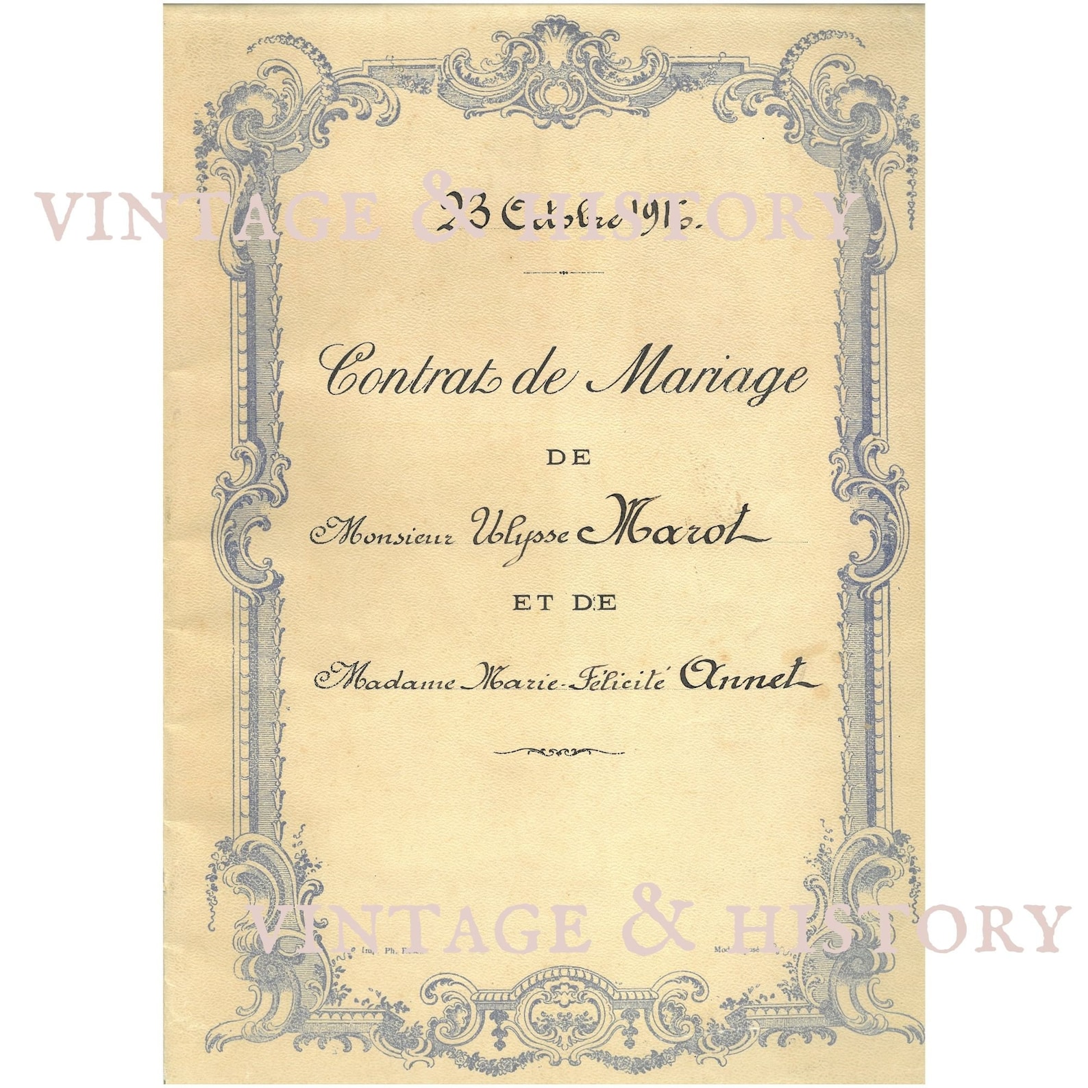 1916 Marriage Contract With Blue Frame, Old French Documents, Printable ...