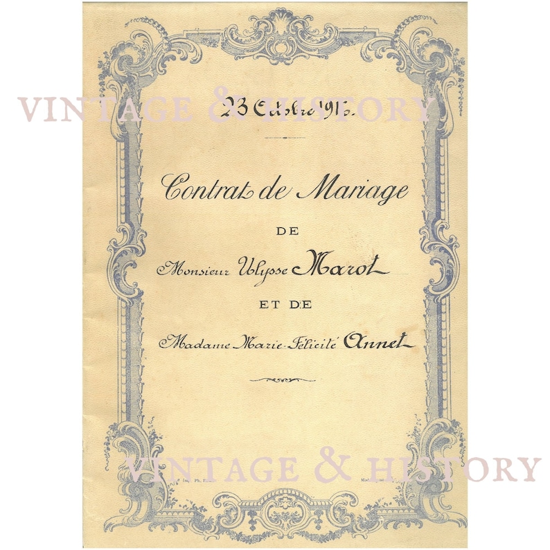 1916 Marriage Contract With Blue Frame, Old French Documents, Printable ...