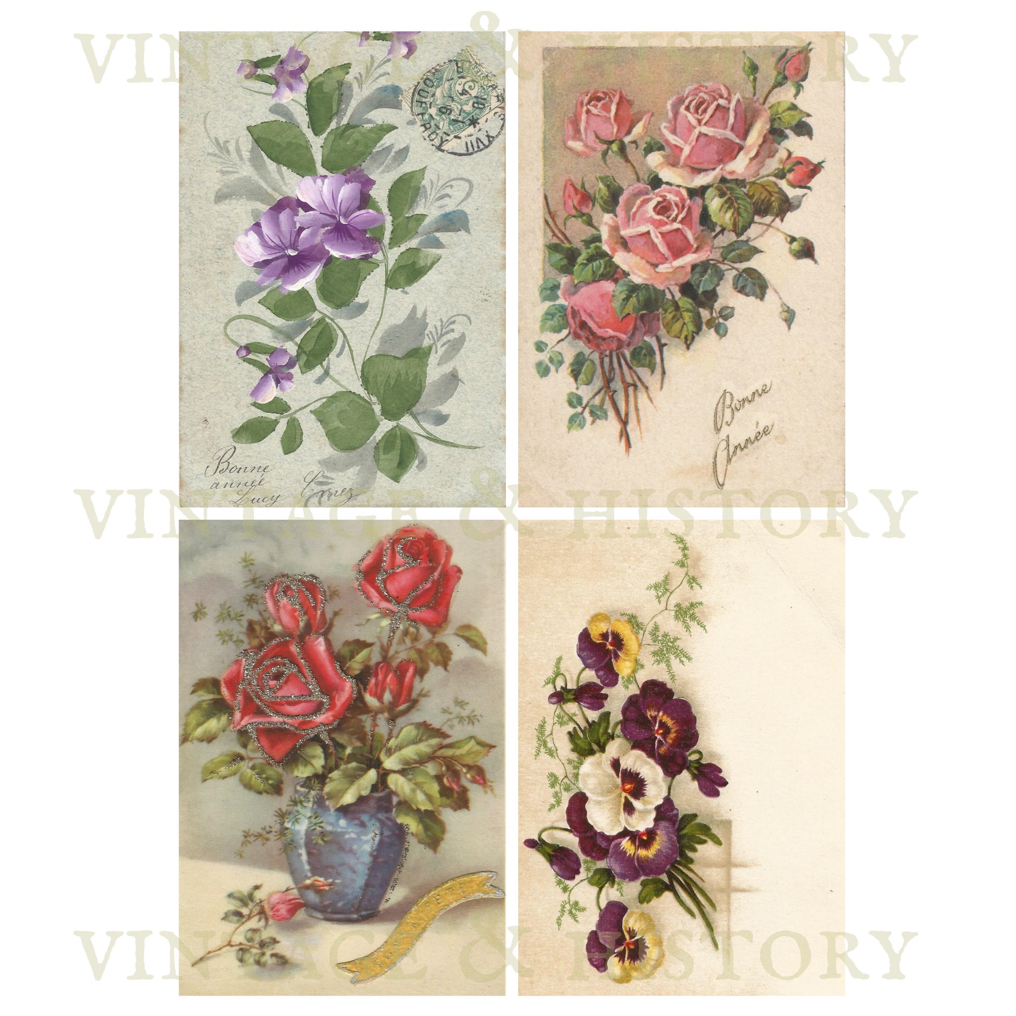 French Flower Postcards, 1800s, Printable, Vintage Ephemera, Collage ...