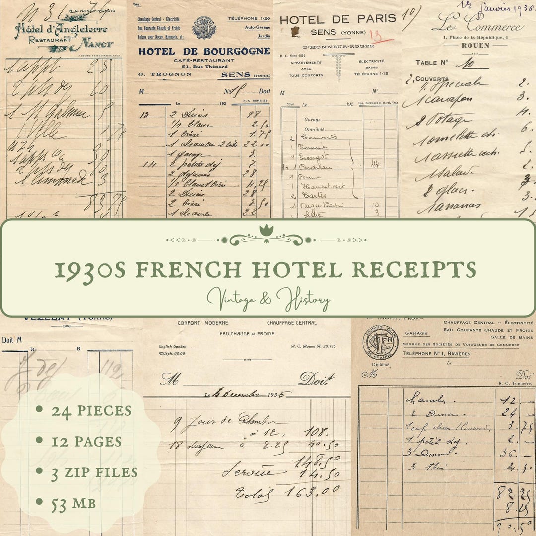 French 1930s Hotel Receipts, Printable Ephemera, Vintage Papers ...