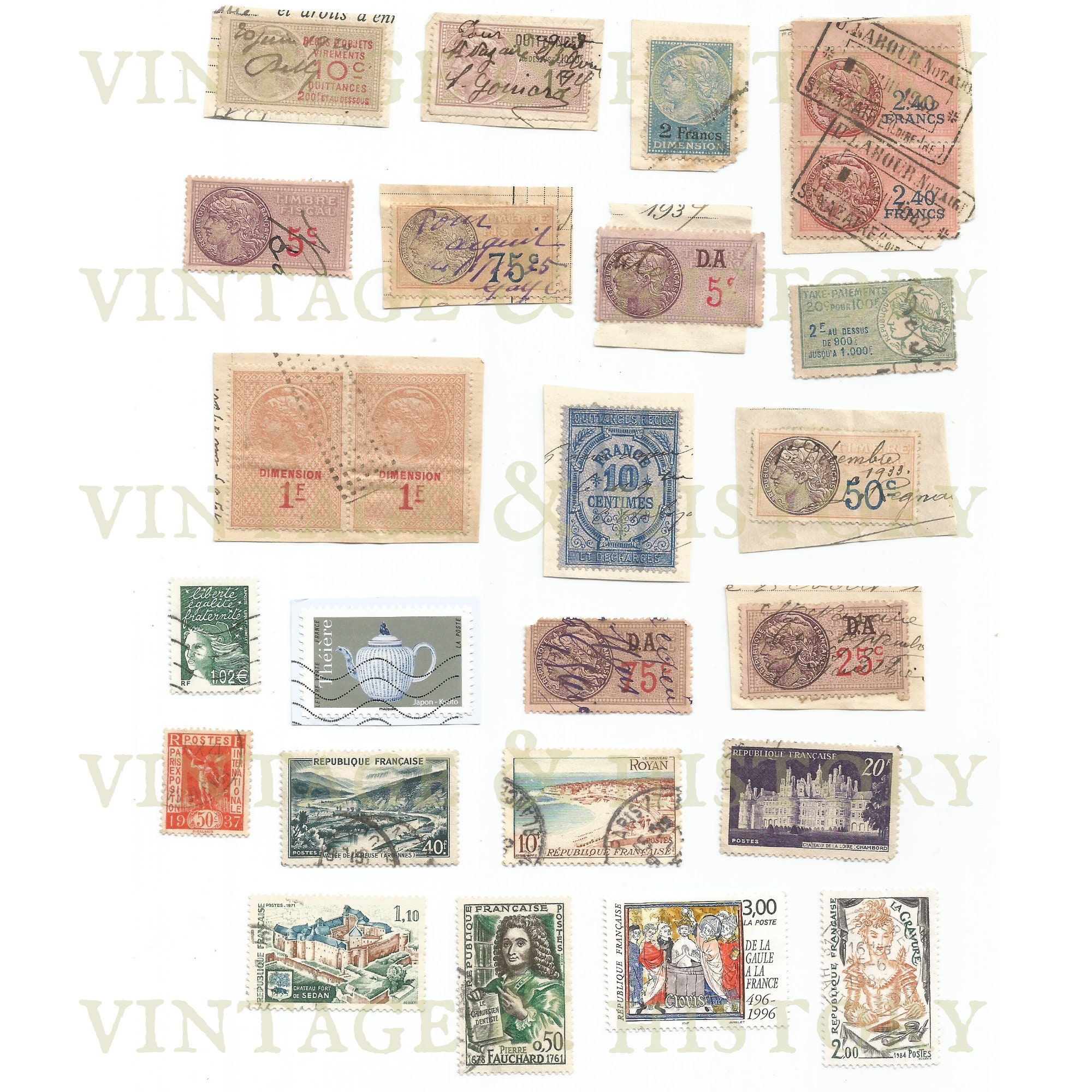 Large Collection of Vintage French Stamps, Ephemera, Collage, Journal ...