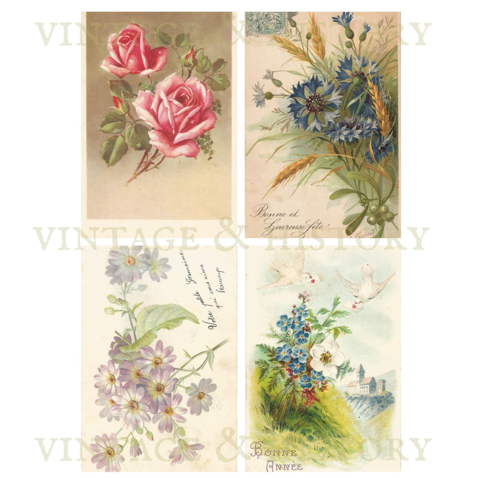 French Flower Postcards, 1800s, Printable, Vintage Ephemera, Collage ...