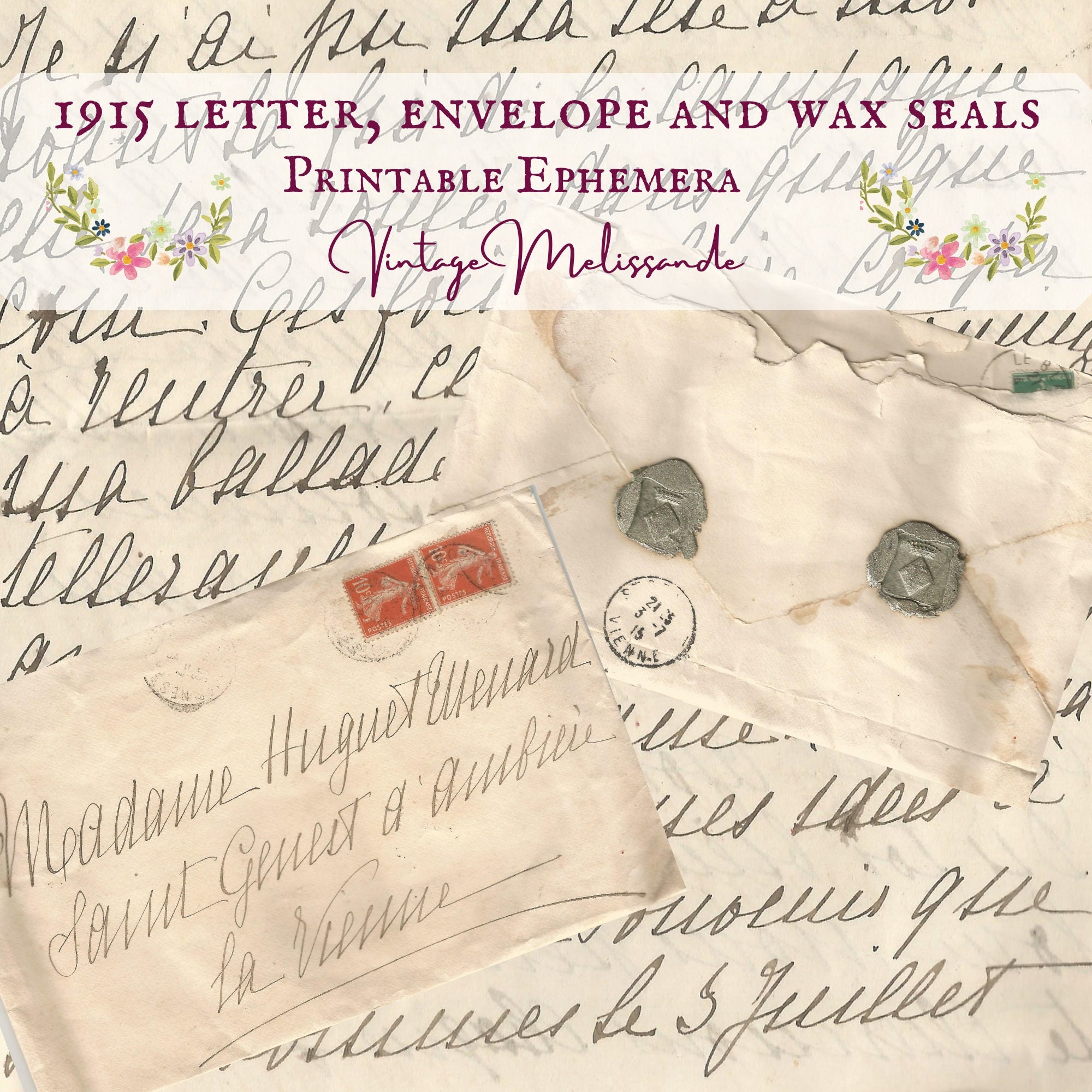 1915 French Letter, Envelope and Wax Seals, Printable, Vintage ...