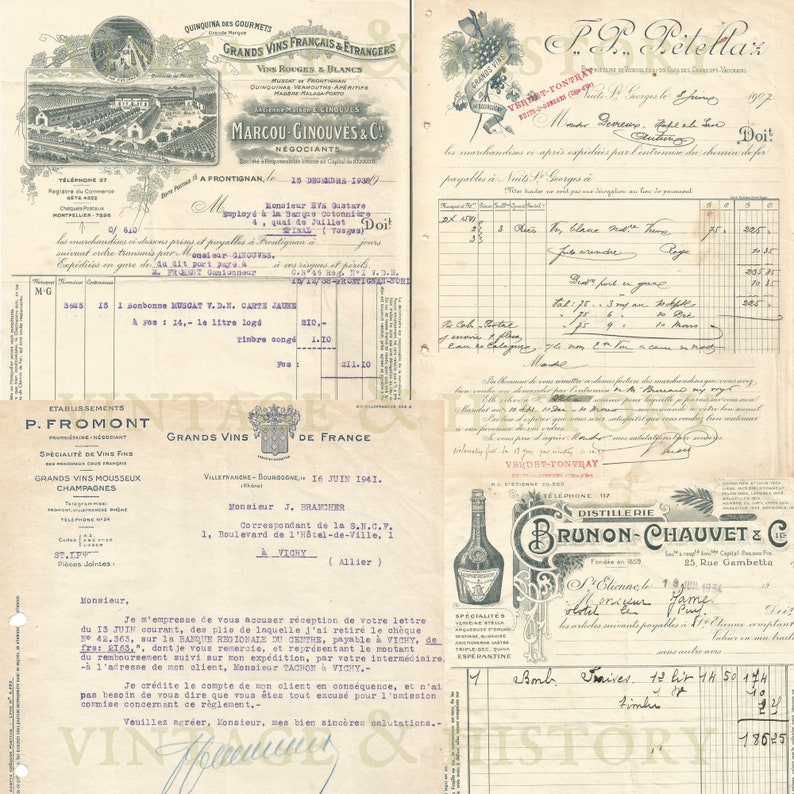 30 French Alcohol Receipts, 1900s, Printable, Vintage, Ephemera ...
