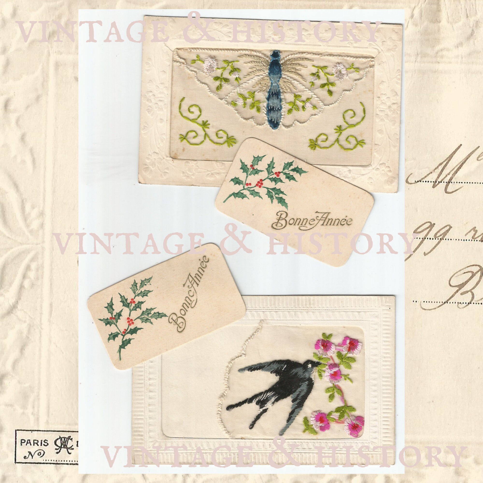 Silk Embroidered Postcards, French Vintage, Printable Ephemera, Digital ...