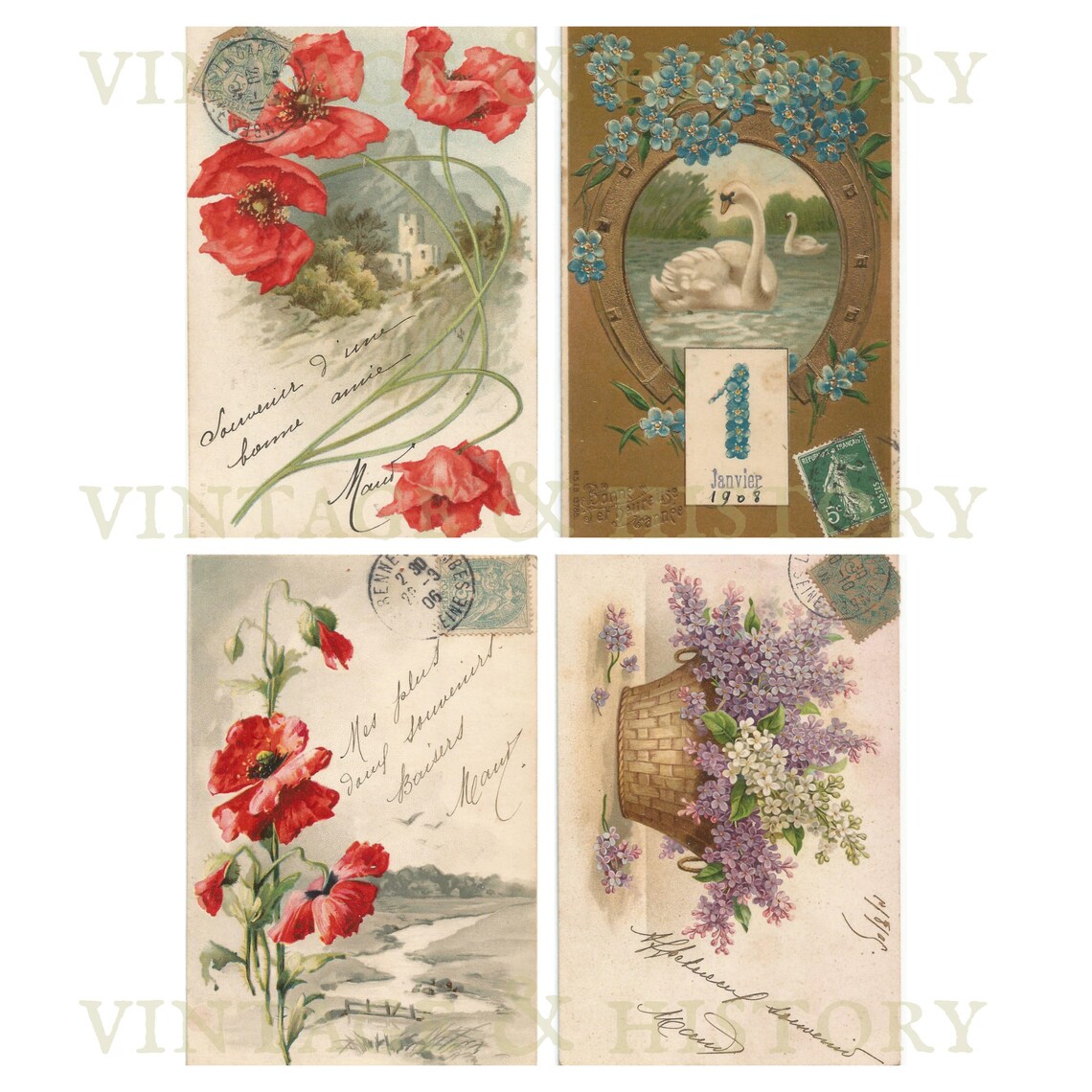 French Flower Postcards, 1800s, Printable, Vintage Ephemera, Collage ...