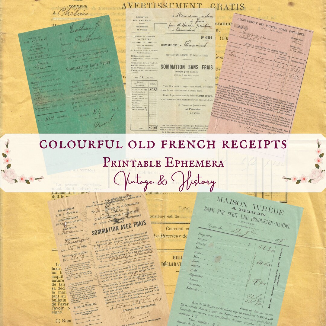 Colourful French Receipts, 1800s, Printable, Vintage, Ephemera, Digital ...