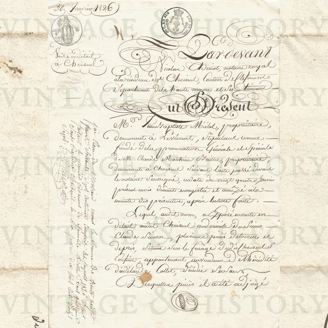 1826 Antique Handwritten French Document With Wonderful Calligraphy ...