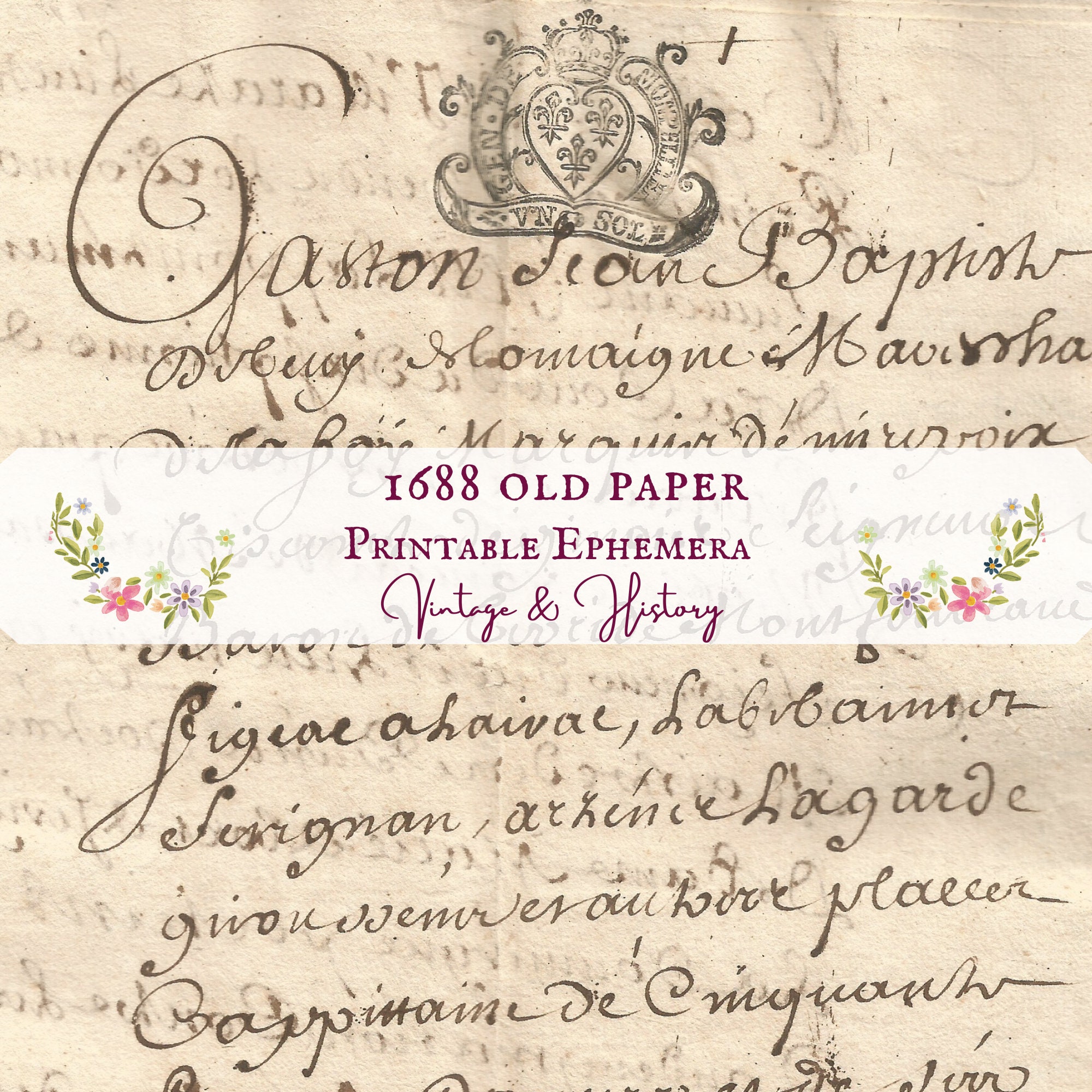 1688 Old French Paper, Printable, Vintage, Ephemera, Scrapbooking, Junk Journals, Art, INSTANT ...