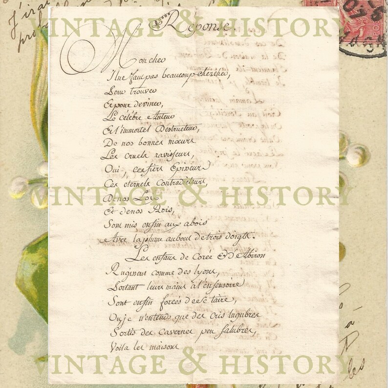 Handwritten French Poem, 1800s, Printable, Digital, Ephemera, Collage ...
