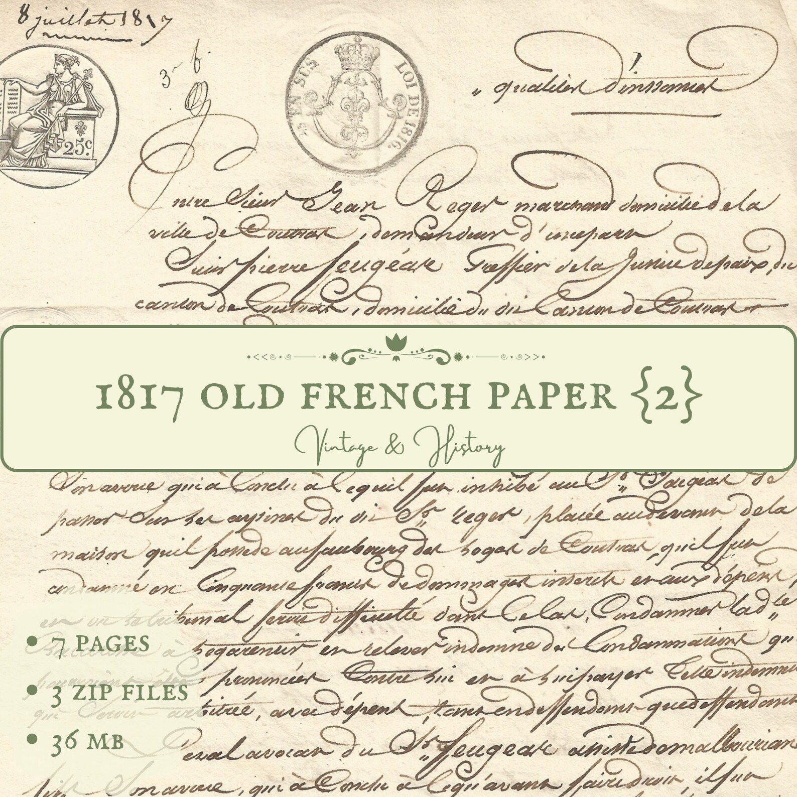 1817 {2} Antique Handwritten French Document, Calligraphy, Printable ...