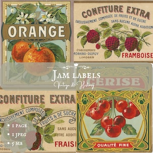 French Jam Labels, Confiture, Orange, Cherry, Strawberry, Raspberry ...