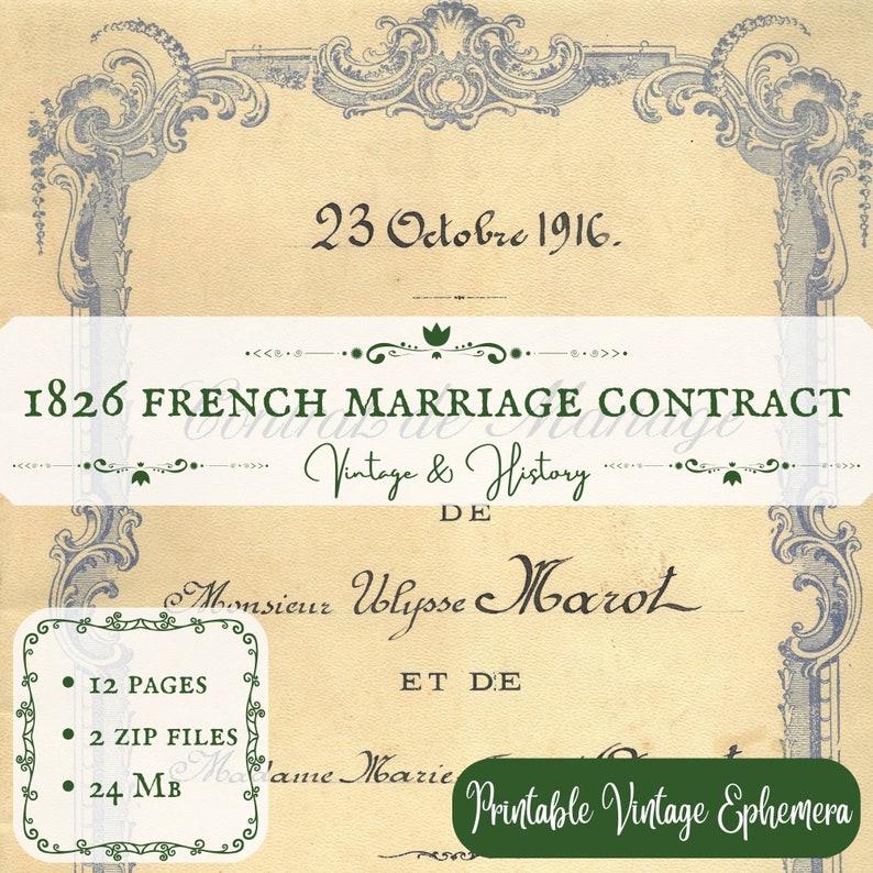 1916 Marriage Contract With Blue Frame, Old French Documents, Printable ...