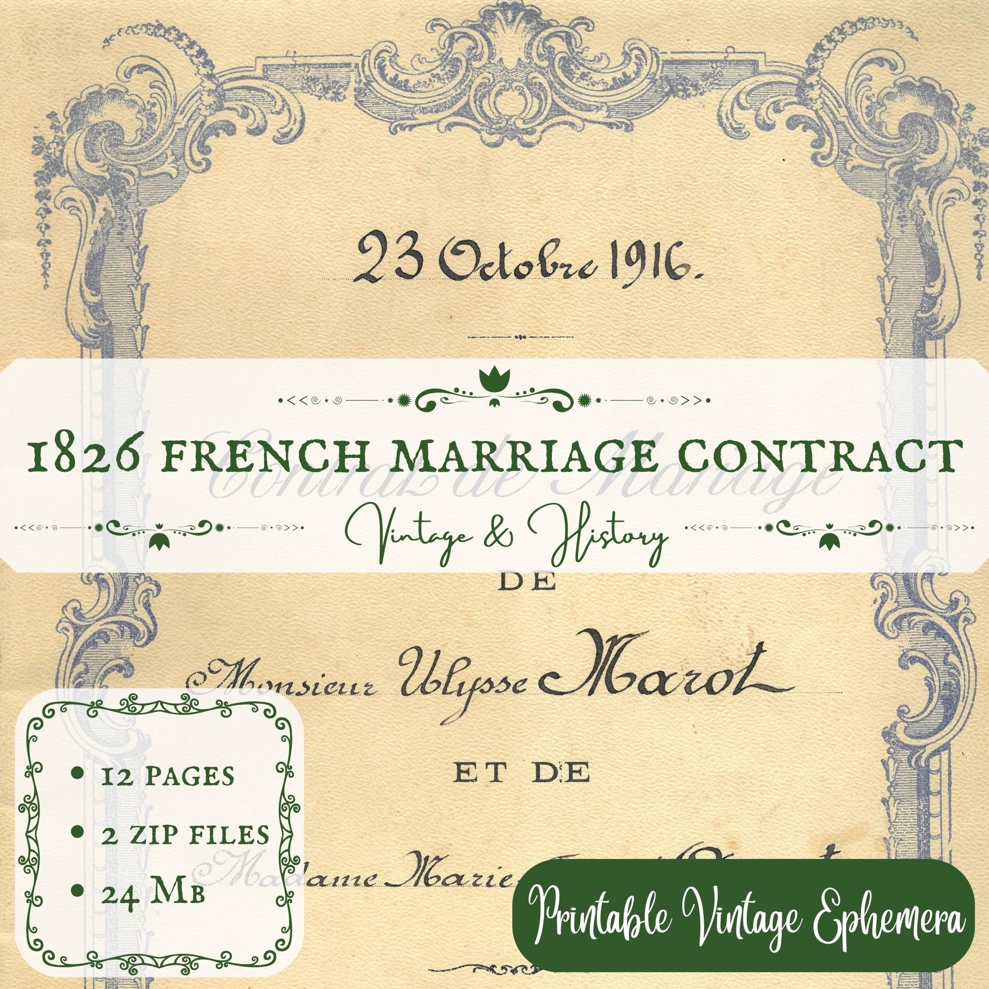 1916 Marriage Contract With Blue Frame, Old French Documents, Printable ...