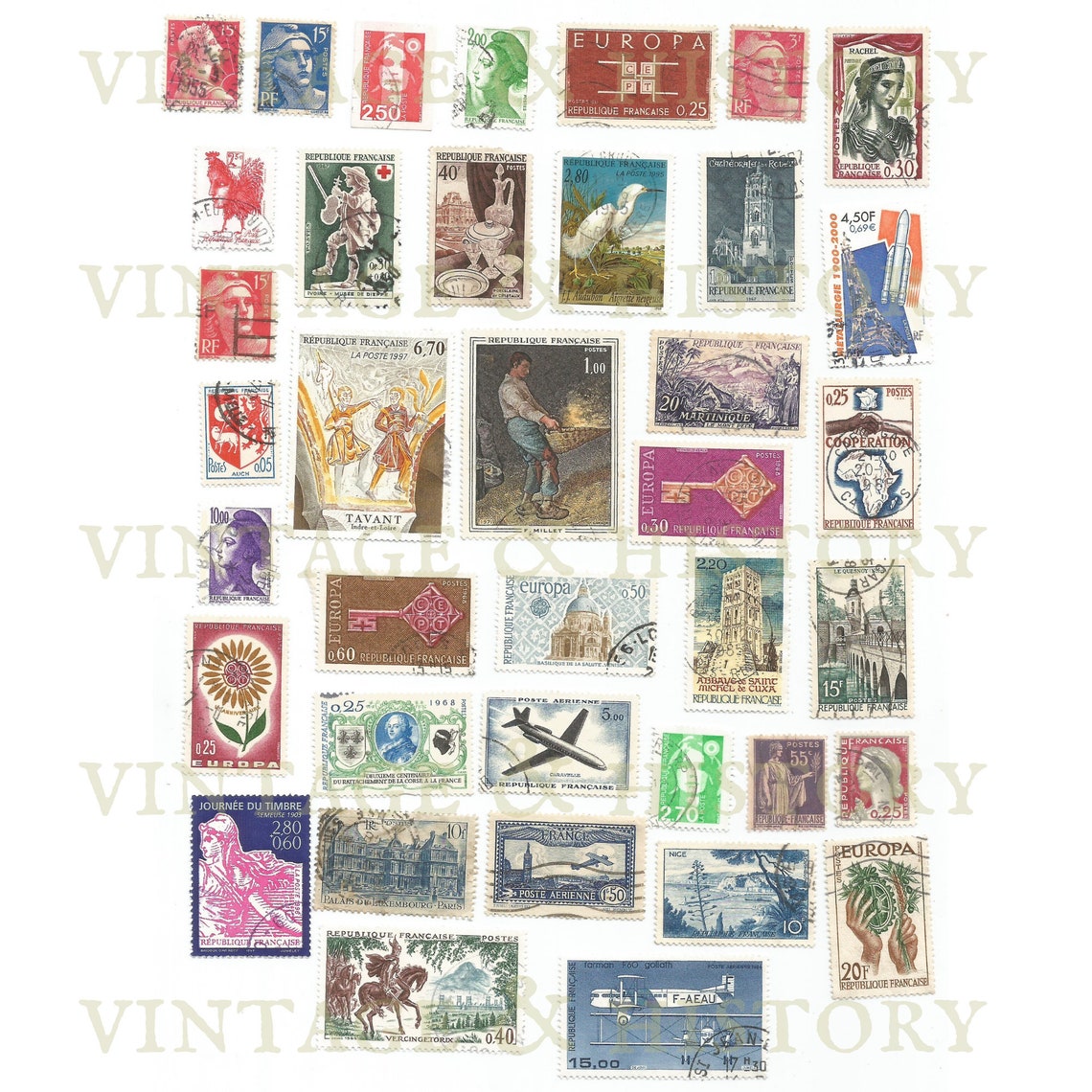 Large Collection of Vintage French Stamps, Ephemera, Collage, Journal ...