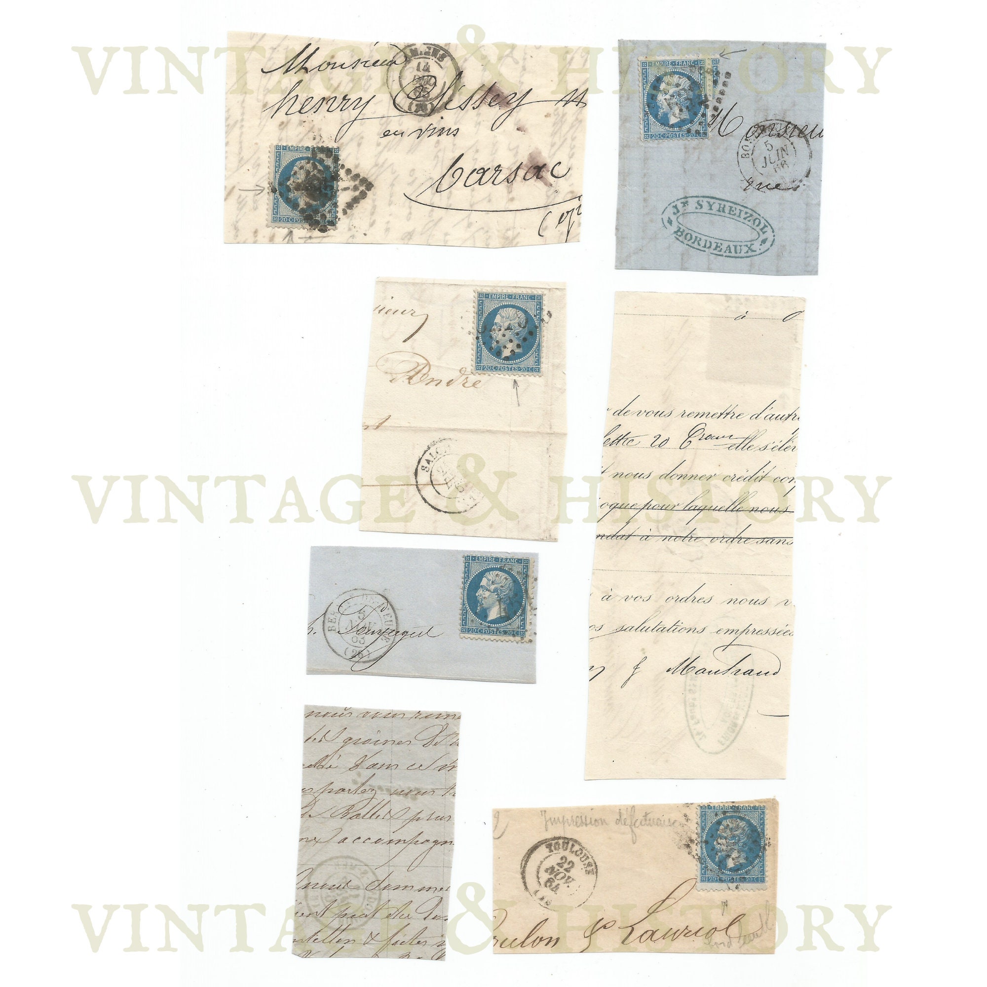 1800s Letter Fragments, Blue French Stamps, Handwritten, Calligraphy ...