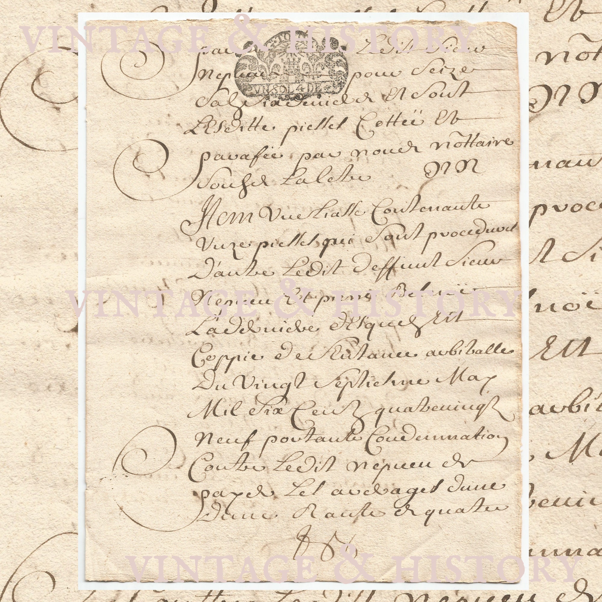 1689 Old French Document, Printable, Digital Ephemera, Antique Papers ...