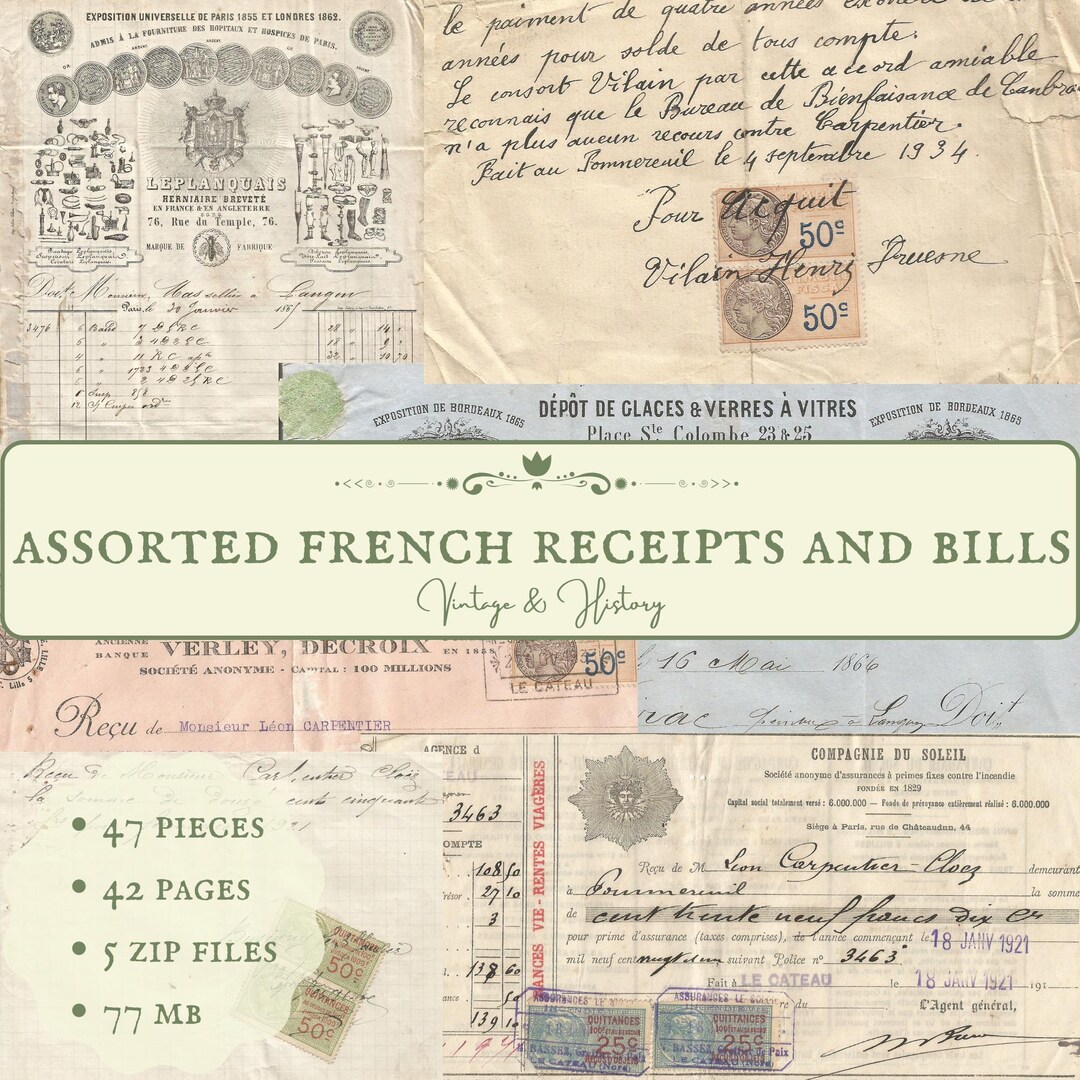 Large Bundle of French Receipts, 42 Pages, 1800s and Early 1900s ...