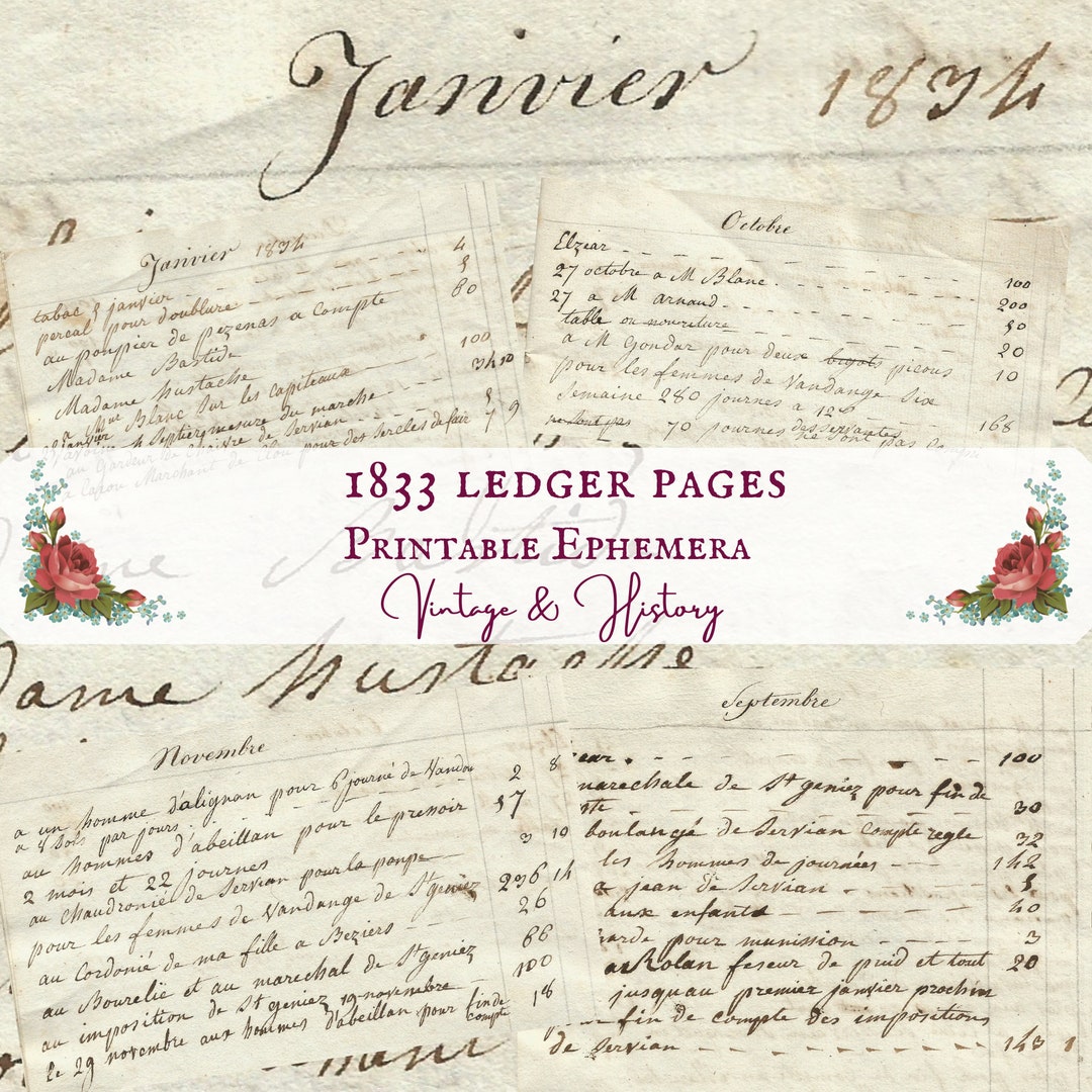Ledger Pages From 1833, 12 Months, French Paper, Handwritten ...
