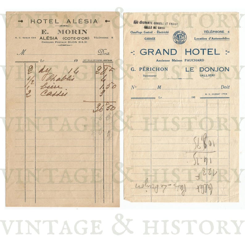 French 1930s Hotel Receipts, Printable Ephemera, Vintage Papers ...