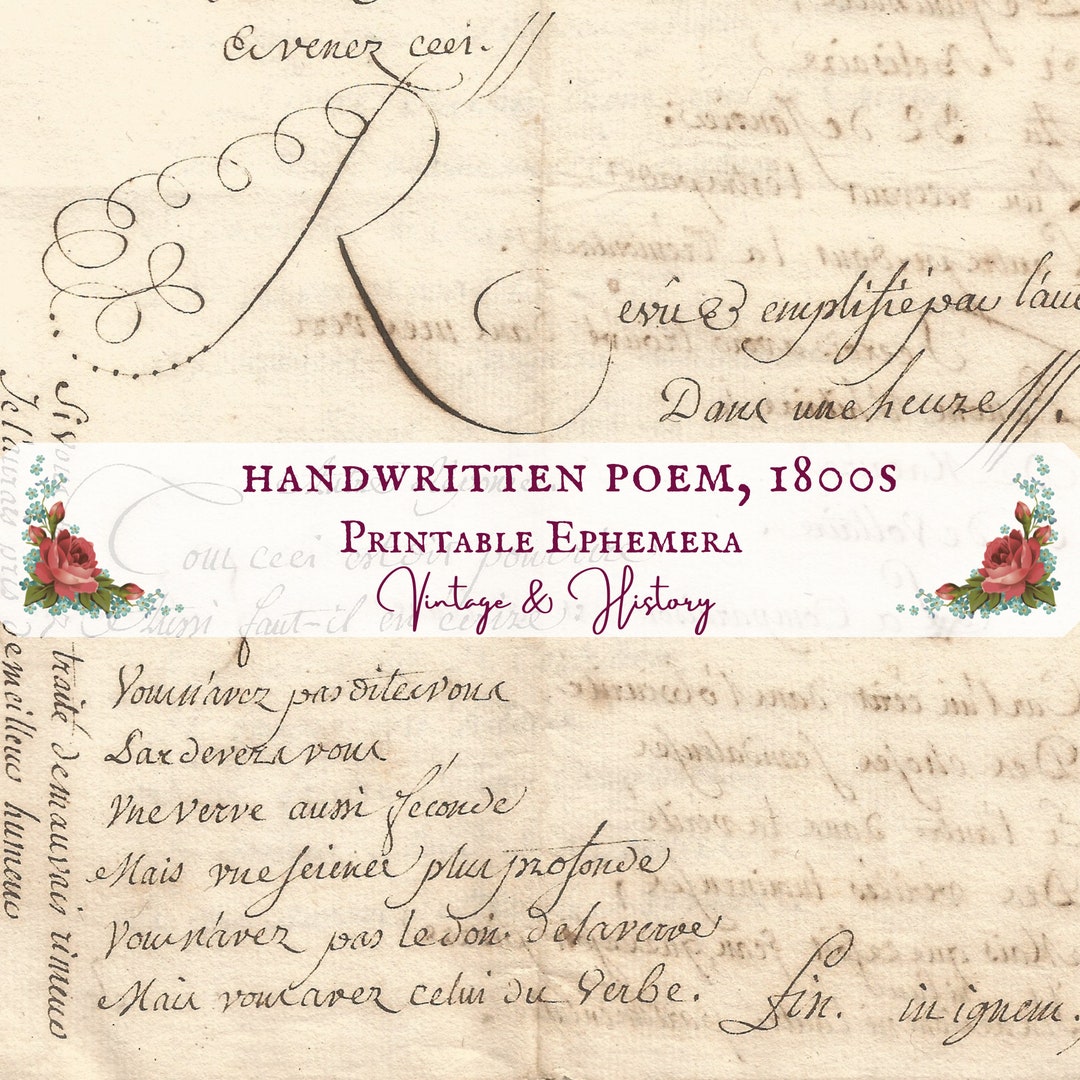 Handwritten French Poem, 1800s, Printable, Digital, Ephemera, Collage ...