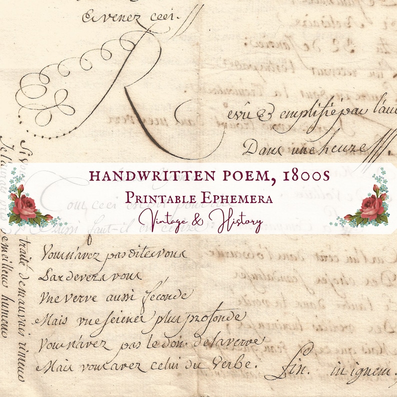 Handwritten French Poem, 1800s, Printable, Digital, Ephemera, Collage ...