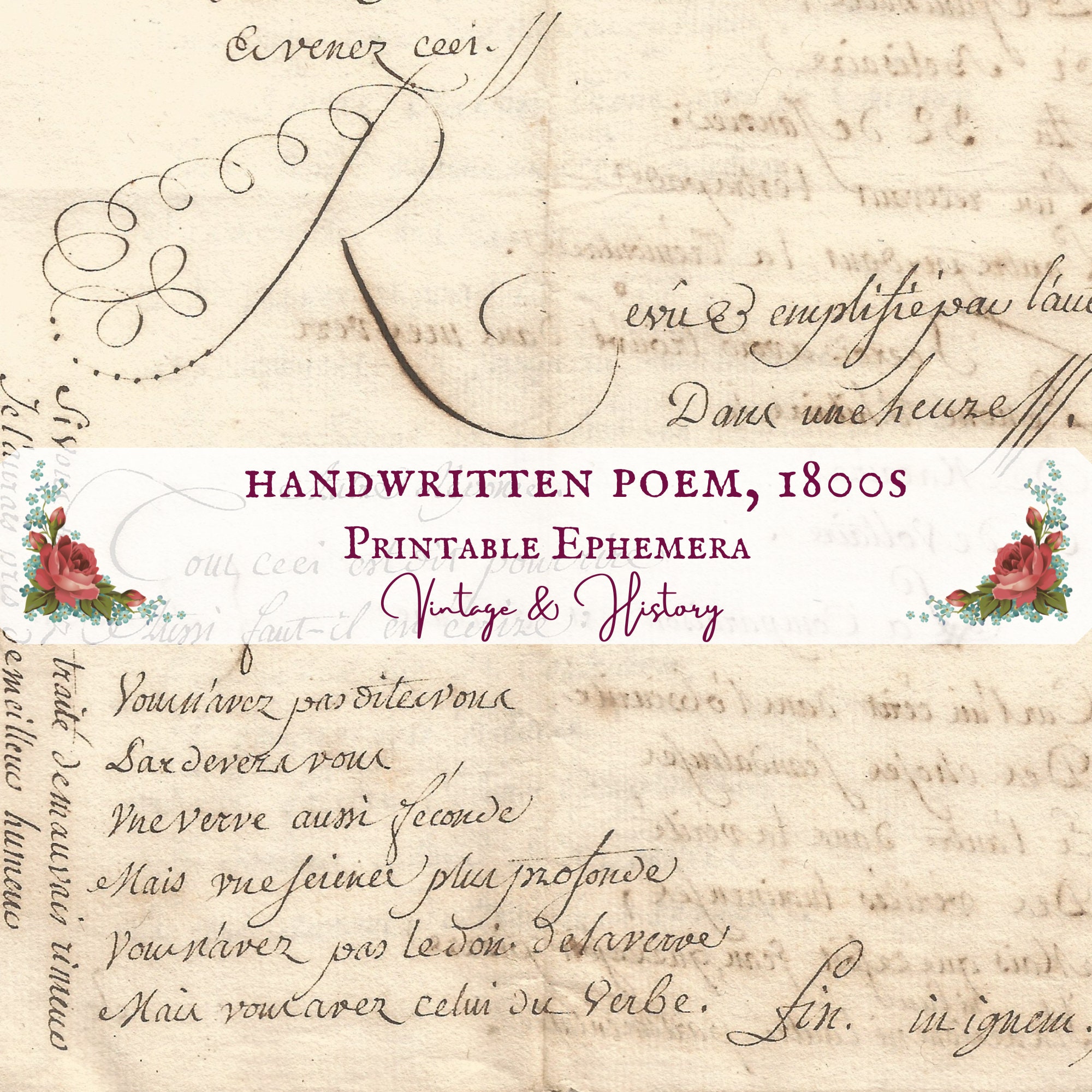 Handwritten French Poem, 1800s, Printable, Digital, Ephemera, Collage ...