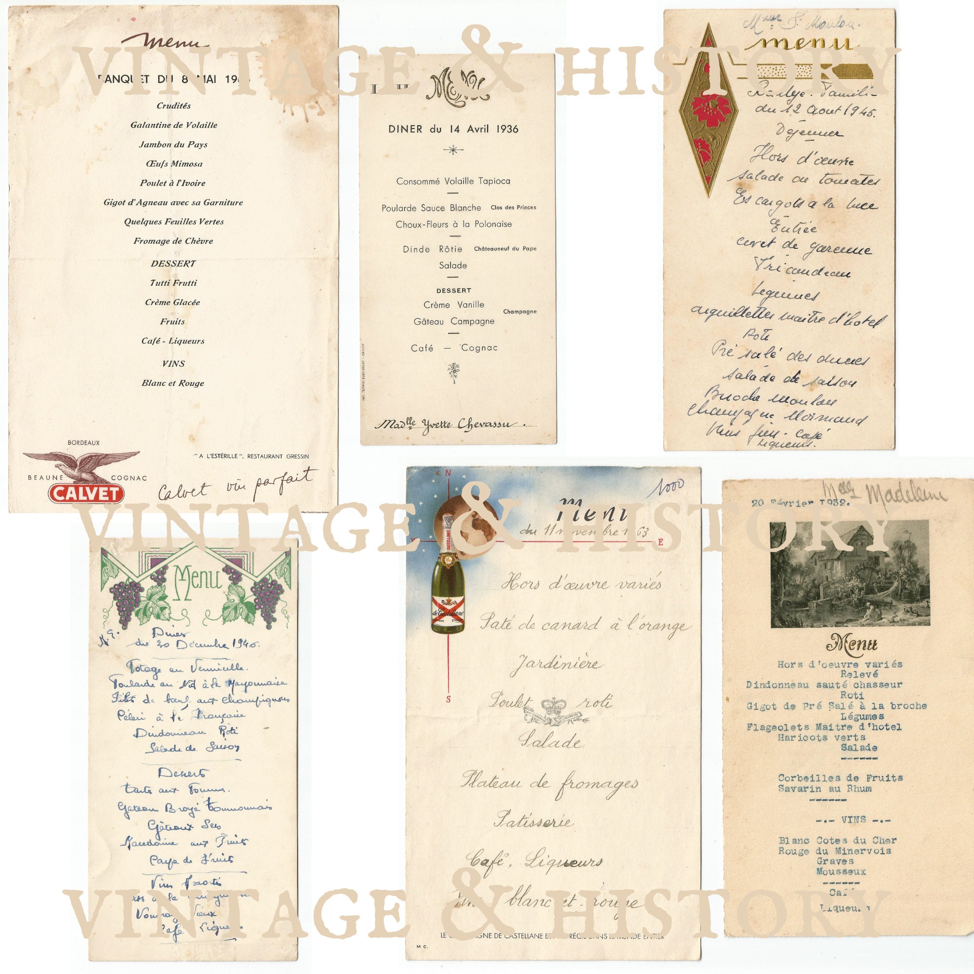 French Vintage Menus, Printable, Vintage, Ephemera, Digital, Journals ...