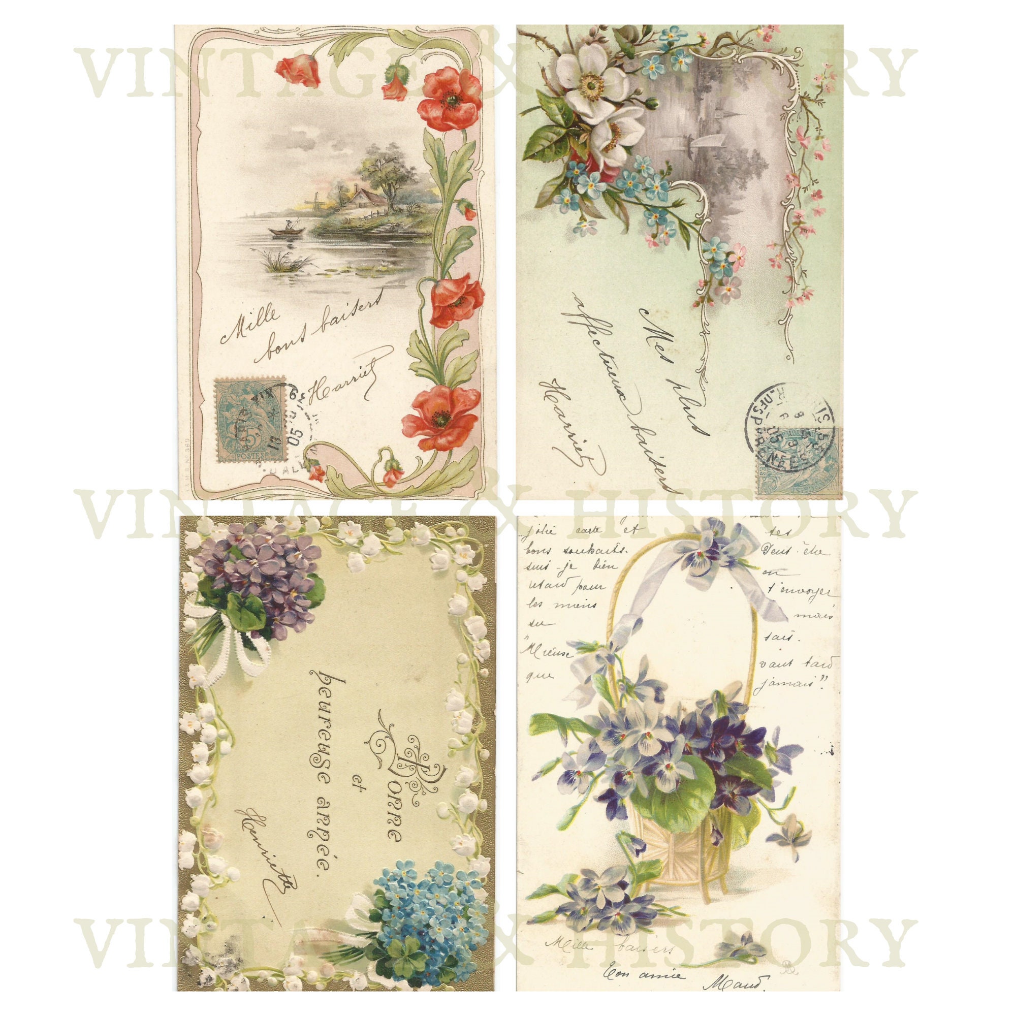 French Flower Postcards, 1800s, Printable, Vintage Ephemera, Collage ...