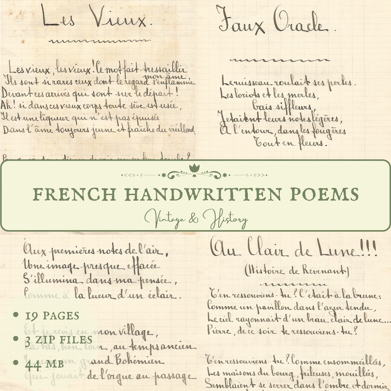 Handwritten French Poems, Printable Paper Ephemera From France ...